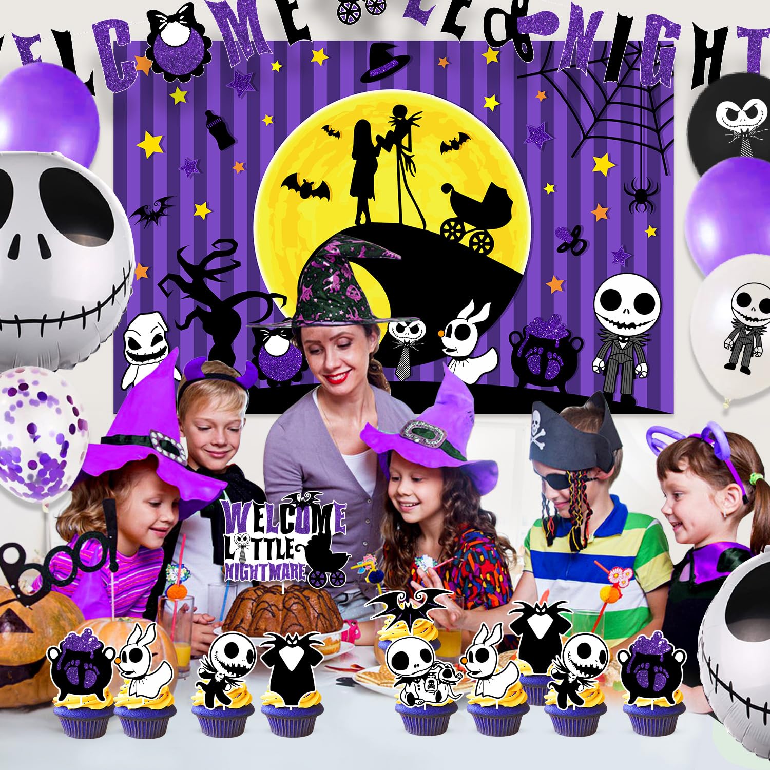Welcome Little Nightmare Baby Shower Halloween Decorations,Nightmare Before Birthday Party Decorations Includes Banner,Backdrop,Balloons,Nightmare Cake Topper and Cupcake Toppers