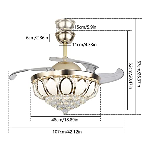 TBVECHI 42" Crystal Ceiling Fan Light with Remote Control Retractable Blade LED Chandelier 3 Colors Dimmable Pendant Lamp for Living Room Bedroom Basement Kitchen