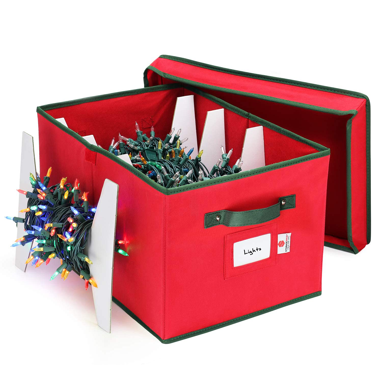 StorageMaid Christmas Lights Storage Box | Festive Sturdy Xmas Lights Organizer Container Great for Stacking - Christmas Decoration Box Equipped with a Secure Cover & Card Slot - 12 x 17 x 10 In., Red