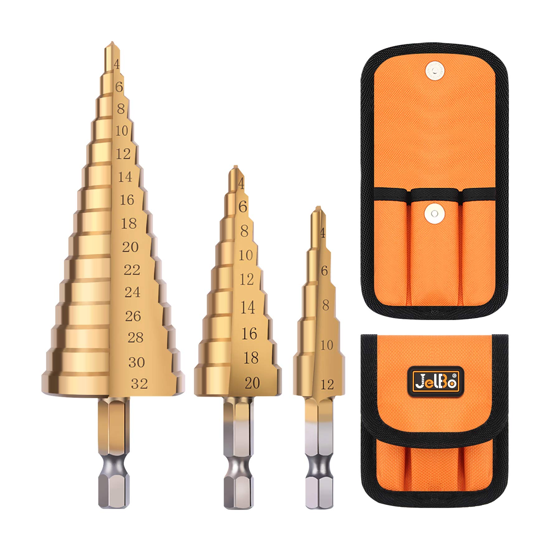 Step Drill Bit Set for Metal - JelBo 1/4inch High Speed Steel Titanium Coated Metric Straight Groove Step Drill Bits Set, Hex Shank Hss Cone Uni Bit Kit for Hole Wood(3Pcs/Set 4-12/4-20/4-32mm)