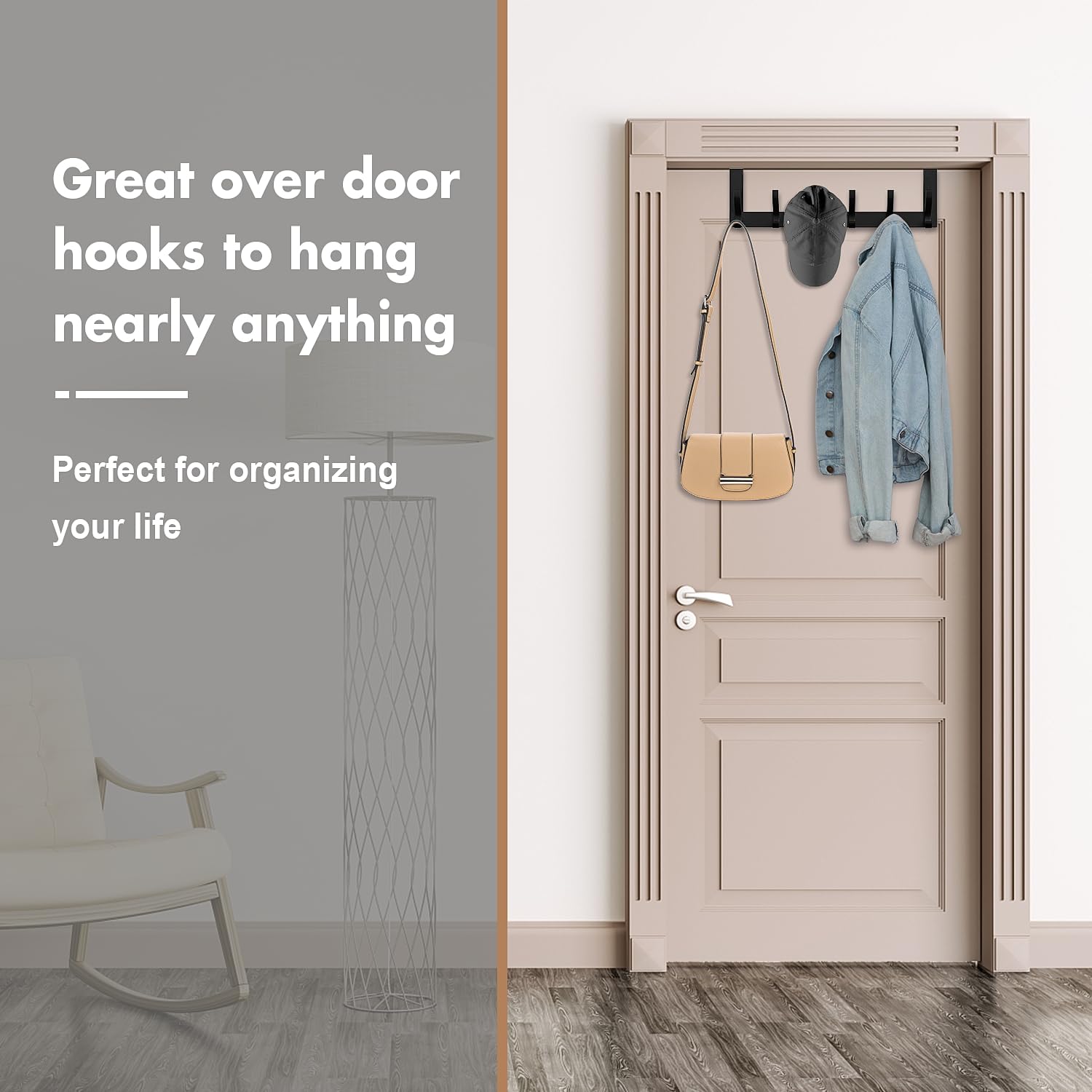 TEELLA Over The Door Hooks, 12 Hooks Over The Door Hanger Hook, 15.5" L x 4.5" H Over Door Hook, Over Door Towel Rack Coat Rack, Door Hooks for Hanging, Black