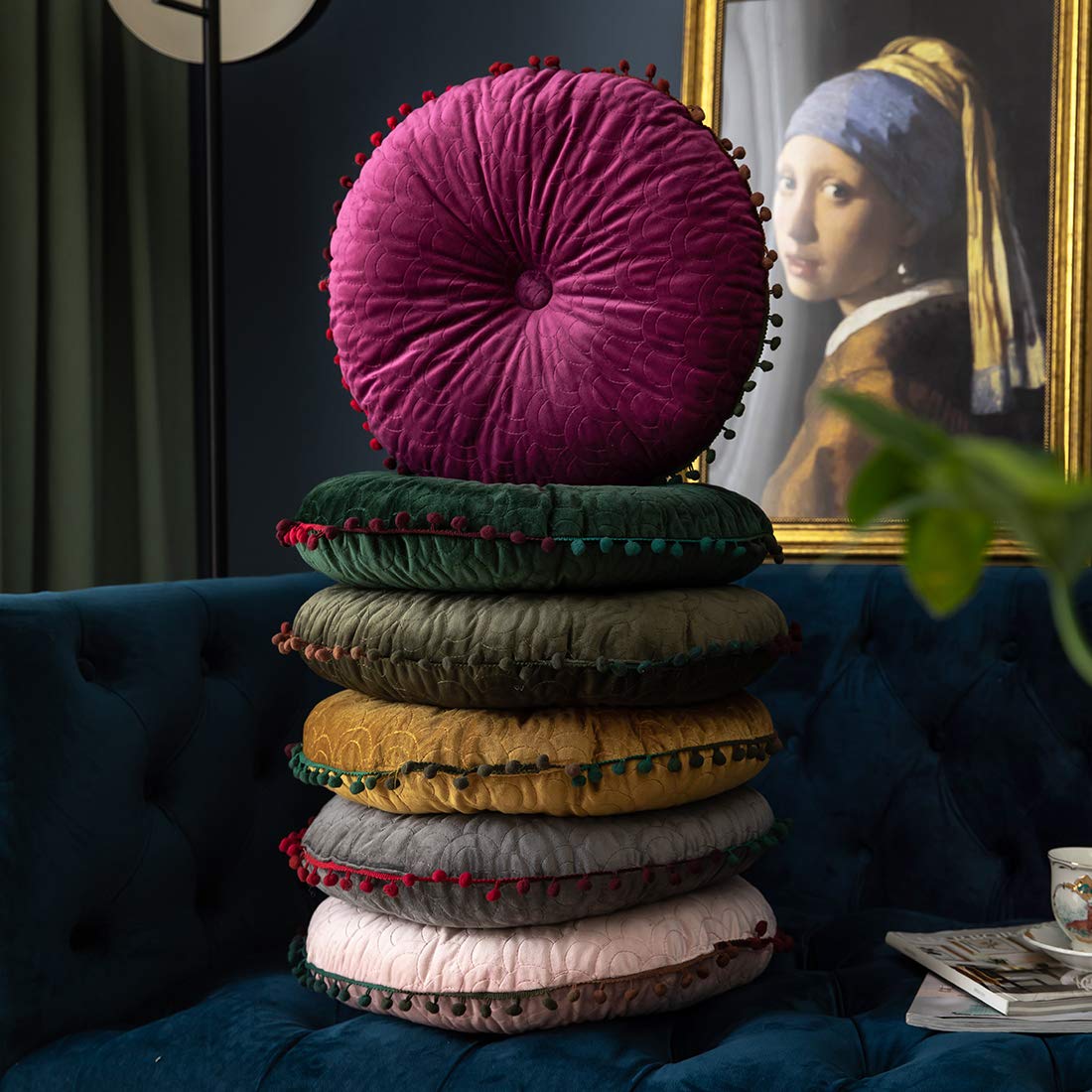 vctops Velvet Soft Round Chair Pads Cute Gradient Pom Pom Indoor Dining Chairs Cushion (Dark Green, Diameter 16")
