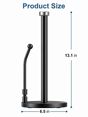 SMARTAKE Paper Towel Holder, Paper Towel Dispenser Standing Weighted Base Non Slip, Spring Arm Fit Most Size Paper Roll, Stainless Steel Paper Towel Holder for Home Kitchen Countertop Tabletop, Black