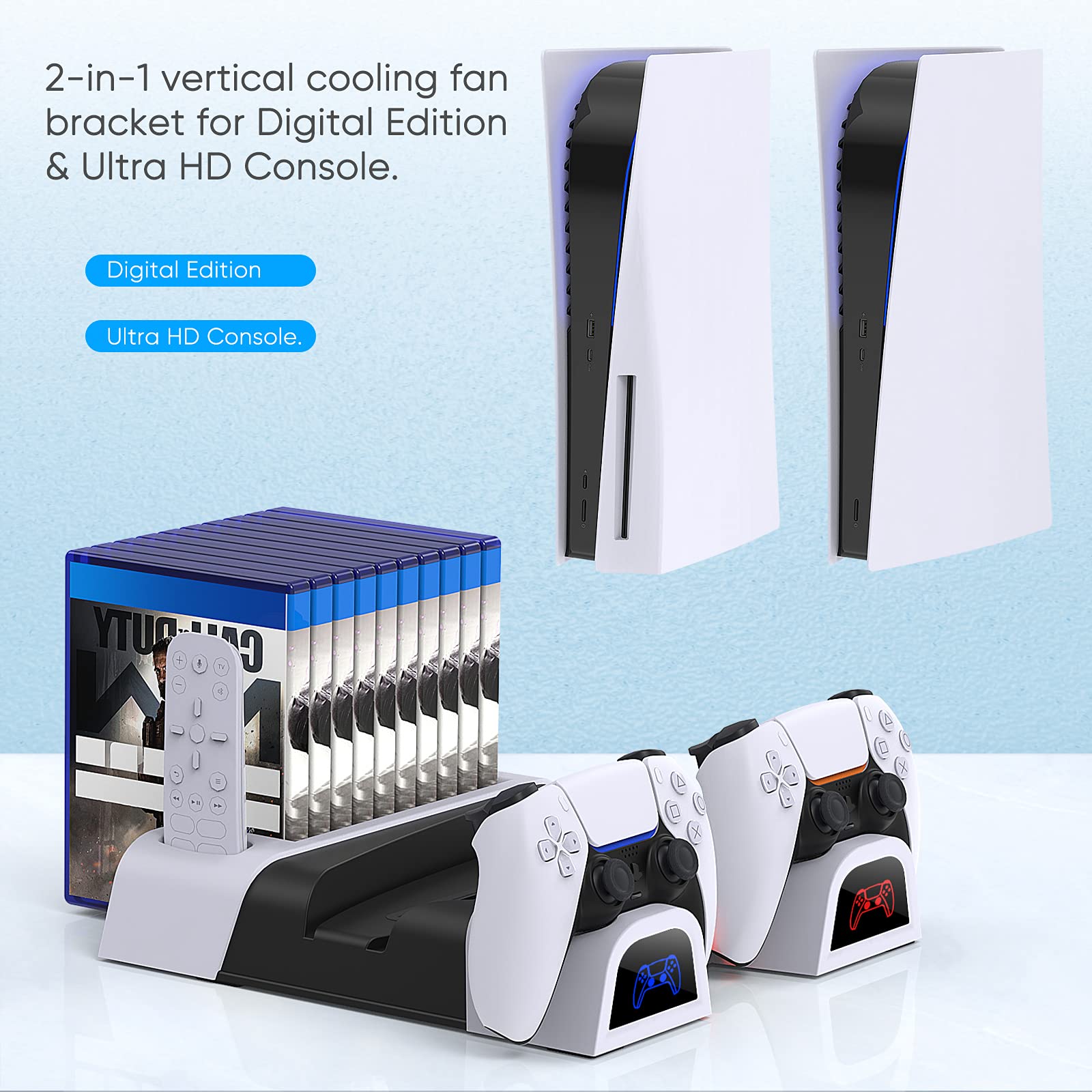 YUANHOT Cooling Stand with Fast Controller Charger Compatible with PS5, Adjustable Cooling Fan System, Controller Charging Station Dock in 3H, Controller & Headset Holder, 10 Game Slots Accessories