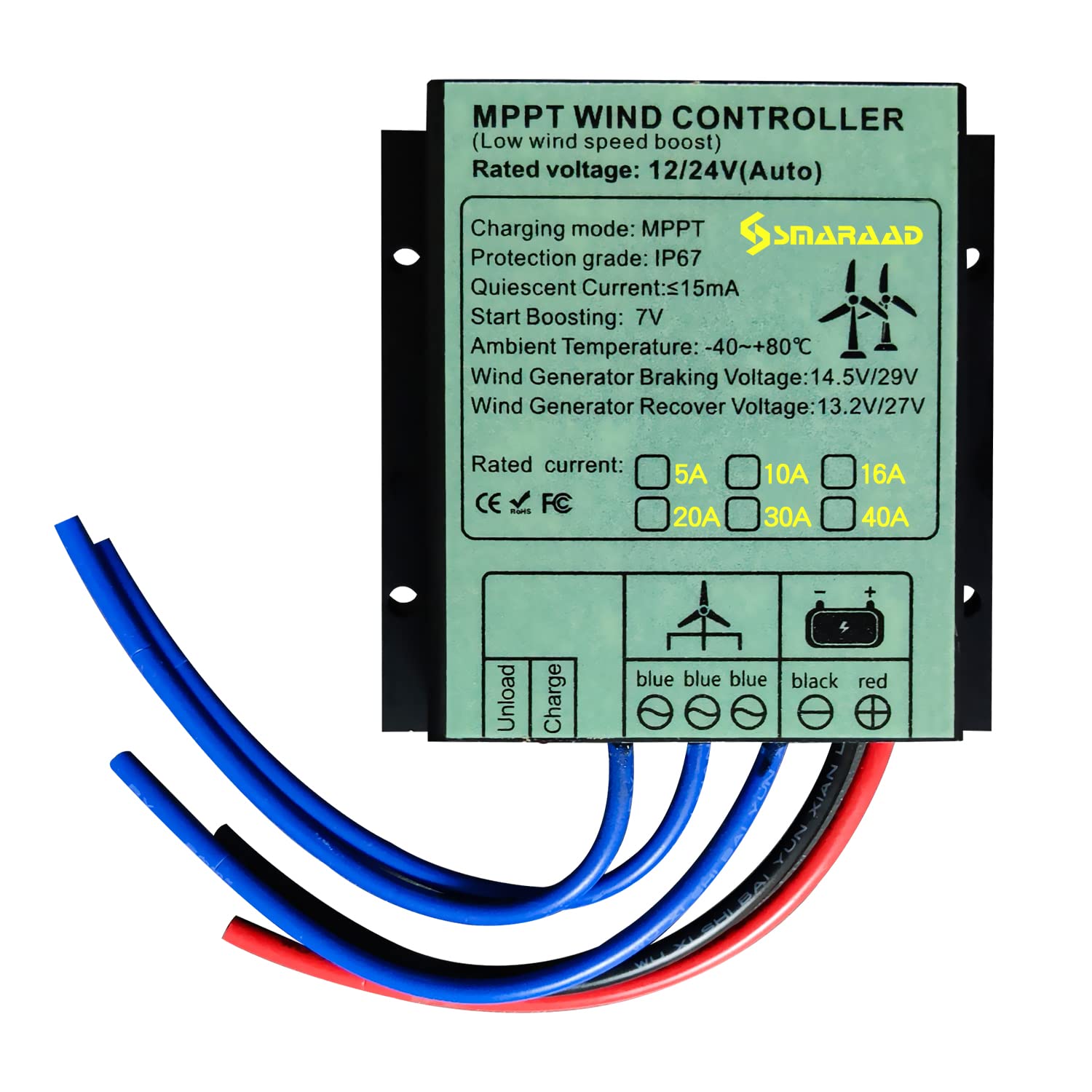 Smaraad MPPT Wind Turbine Charge Controller 12V/24V Auto Match, Mini Wind Generator Controller with IP67 Waterproof Suitable for 300W 400W 500W 600W Wind Turbine System, 3.1x3.2x2.6 Inches