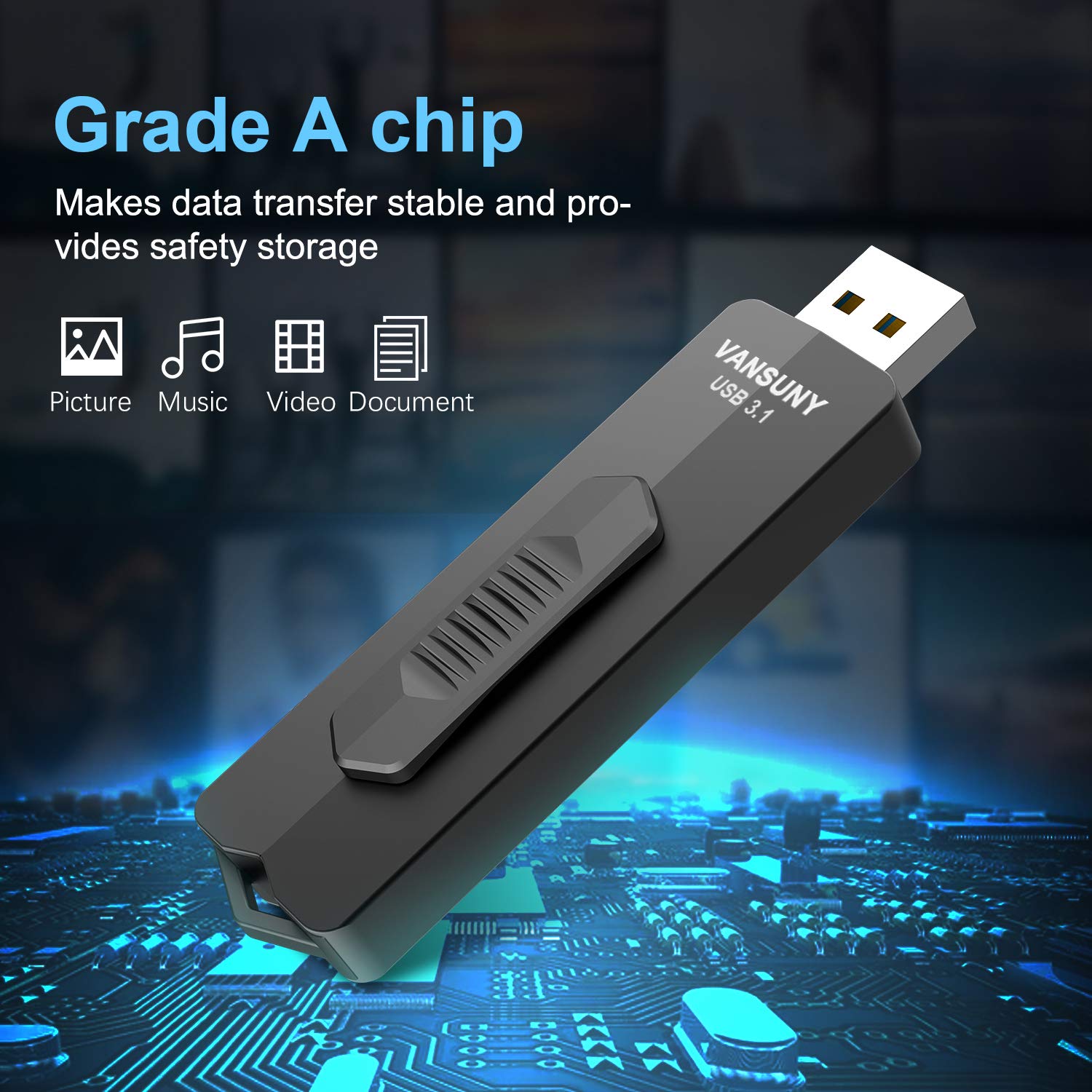 Vansuny USB 3.1 Flash Drive 128GB, 400MB/s Super Speed Flash Drive, USB 3.1 Gen 2 Solid State USB Drive, Retractable Thumb Drive, Metal USB Memory Stick, Portable Jump Drive