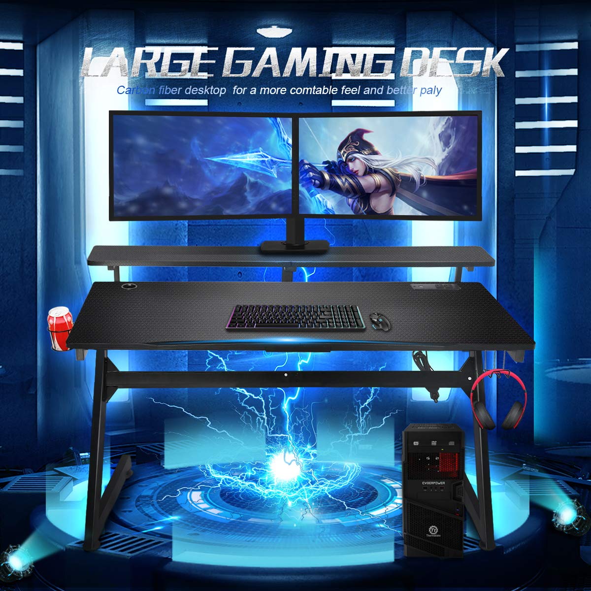 YIGOBUY Large Gaming Desk 55 Inch Computer Gaming Desk E-Sports Racing Table with with Cup Holder, Headphone Hook for Home Office, Black