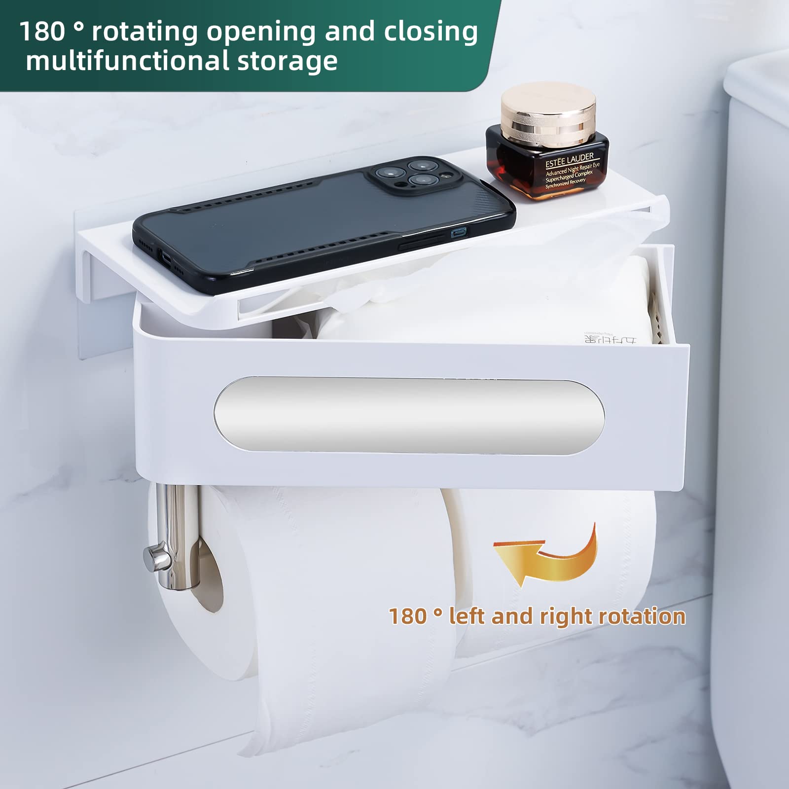 White Bathroom Toilet Paper Holder with Shelf and 180°Rotation Movable Storage Box, ABS Material Wall Mount Double Roll Tissue Holder Dispenser, Punching or Self Adhesive Two Different Installation