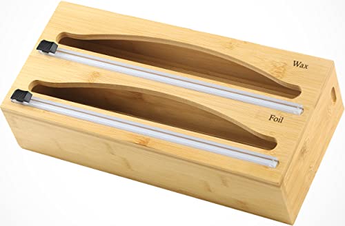 Utopia Kitchen 2 in 1 Plastic Wrap Dispenser with Cutter, Aluminum Foil and Plastic Wrap Organizer with Cutter, Bamboo Dispenser for Kitchen Organization and Storage - Fits 12 Inch Rolls - Natural