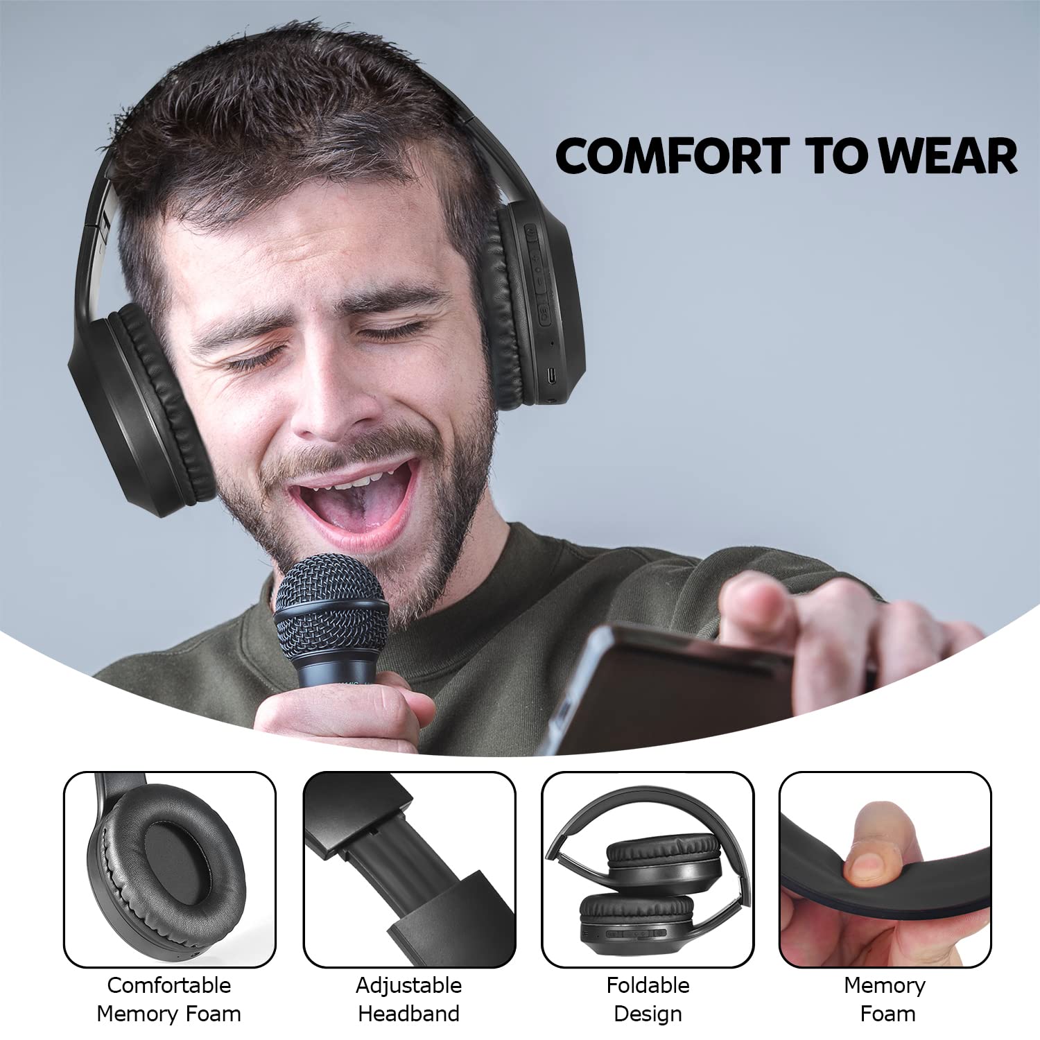 Rydohi Bluetooth Headphones Over Ear, 68H Playtime and 3 EQ Music Modes Wireless Headphones with Microphone/Deep Bass, HiFi Stereo Foldable Lightweight Headset for PC Home Travel Office (Black