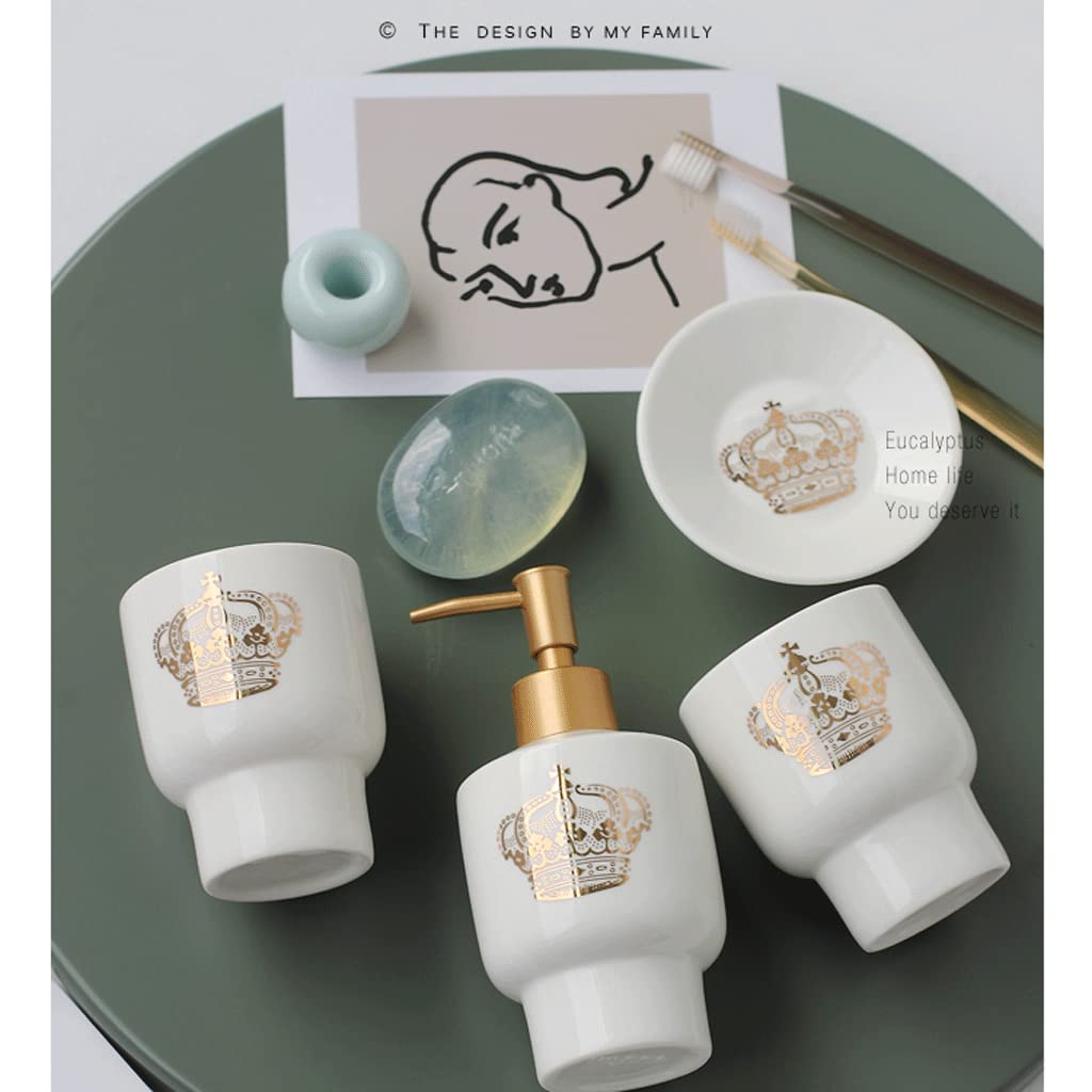 UTOYA Durable Ceramic Bathroom Accessory Set,Crown Print Bathroom Decor Accessories Set,Soap/Lotion Dispenser W/Luxury Gold Pump-Marble Tray Replacement