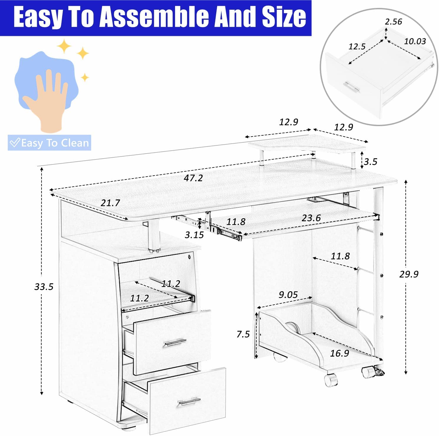 TenouvosĀ Best Computer Desk Writing Study Desk,Modern Style Home Office Desk,Laptop PC Table Workstation with 2 Drawers,CPU Pedestal,Shelf and Pull-Out Keyboard Tray,Quick Assembly (White)