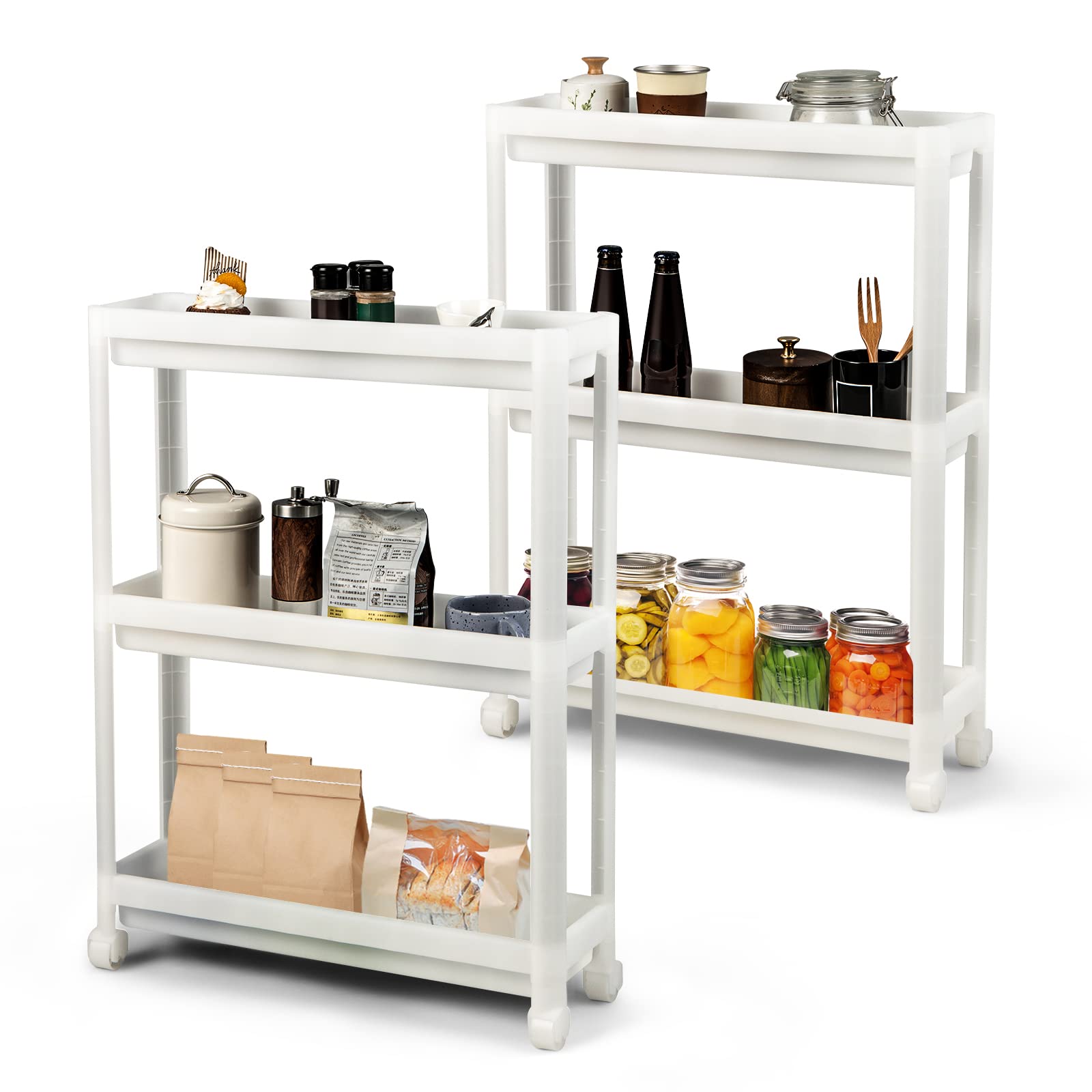 S AFSTAR 3 Tier Rolling Utility Cart Set of 2, Slide Out Mobile Utility Cart for Small Space, Free Combination-Easy Assembly Shelving Unit, 2-Pack 3-Tier Slim Storage Cart for Bathroom Laundry Room