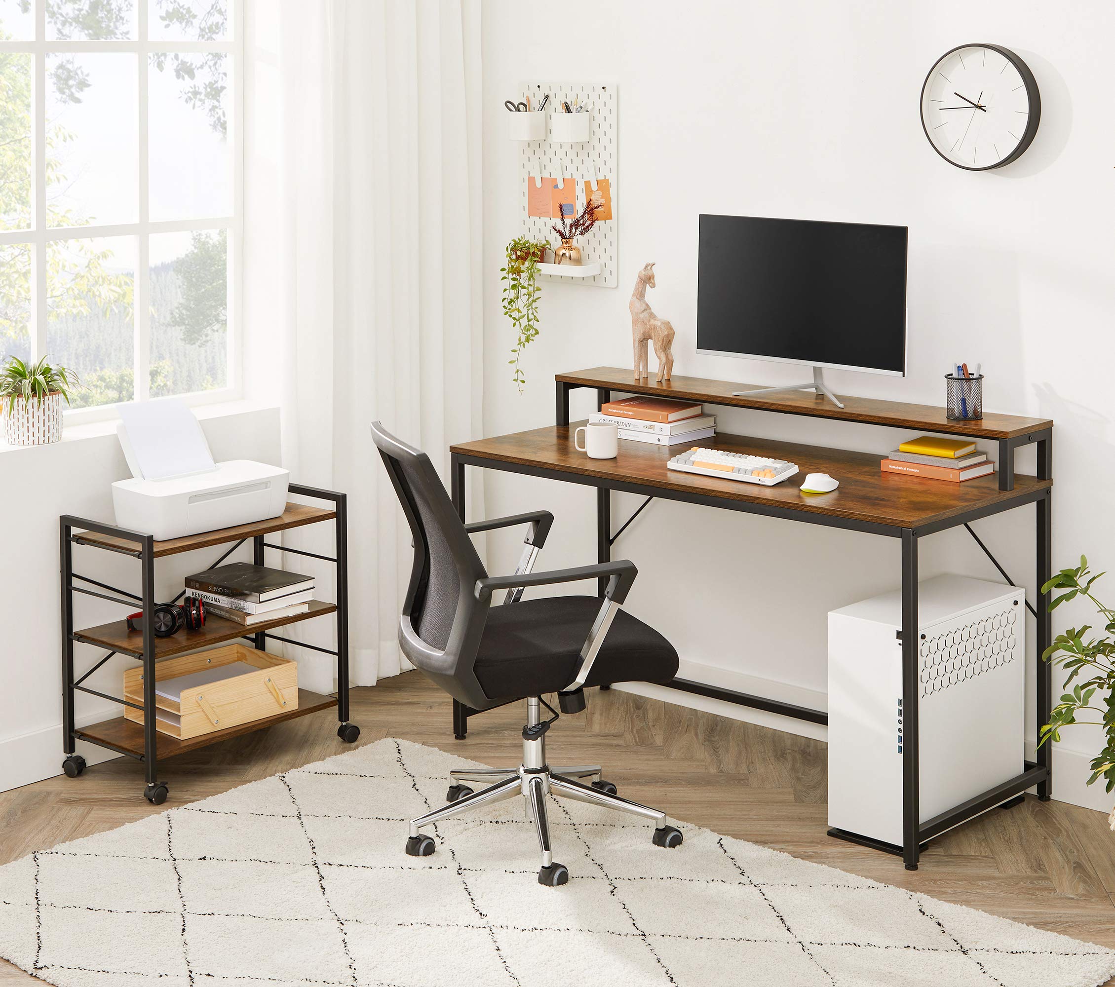VASAGLE Computer Desk with Large Monitor Stand Rolling Cart, Writing Study Desk with Storage Shelves, Industrial, for Home Office, Rustic Brown and Black ULWD061B01