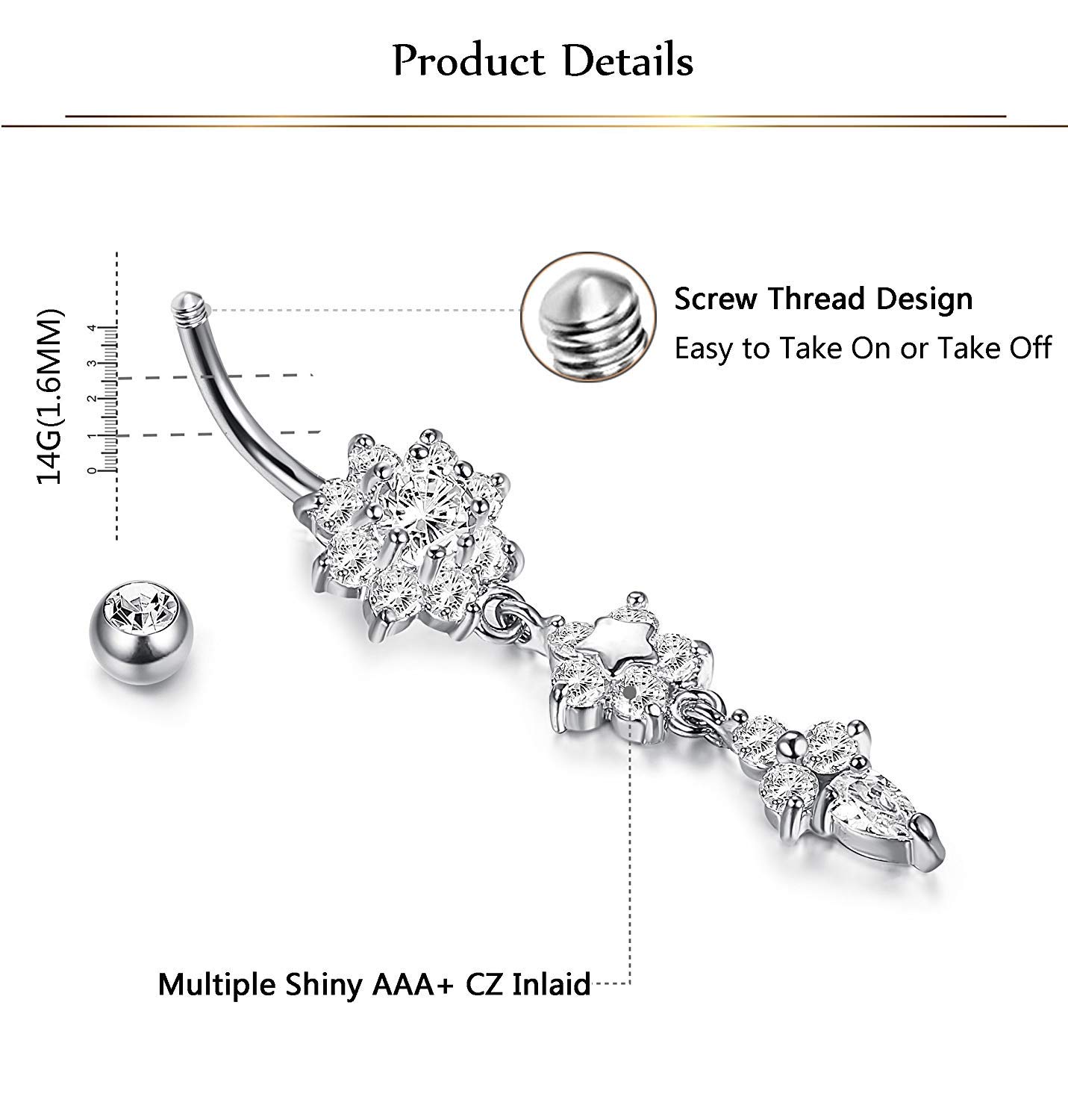 Tinblin 3-10PCS 14G Stainless Steel Belly Button Rings Navel Body Jewelry Belly Piercing CZ Inlaid… (silver)