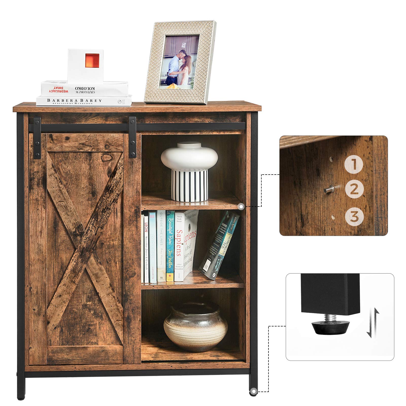VASAGLE Storage Cabinet Cupboard, Multipurpose Cabinet with Adjustable Shelves, Sliding Door, Steel Frame, for Kitchen, Living Room, Entryway, Industrial, Rustic Brown and Black ULSC88BX