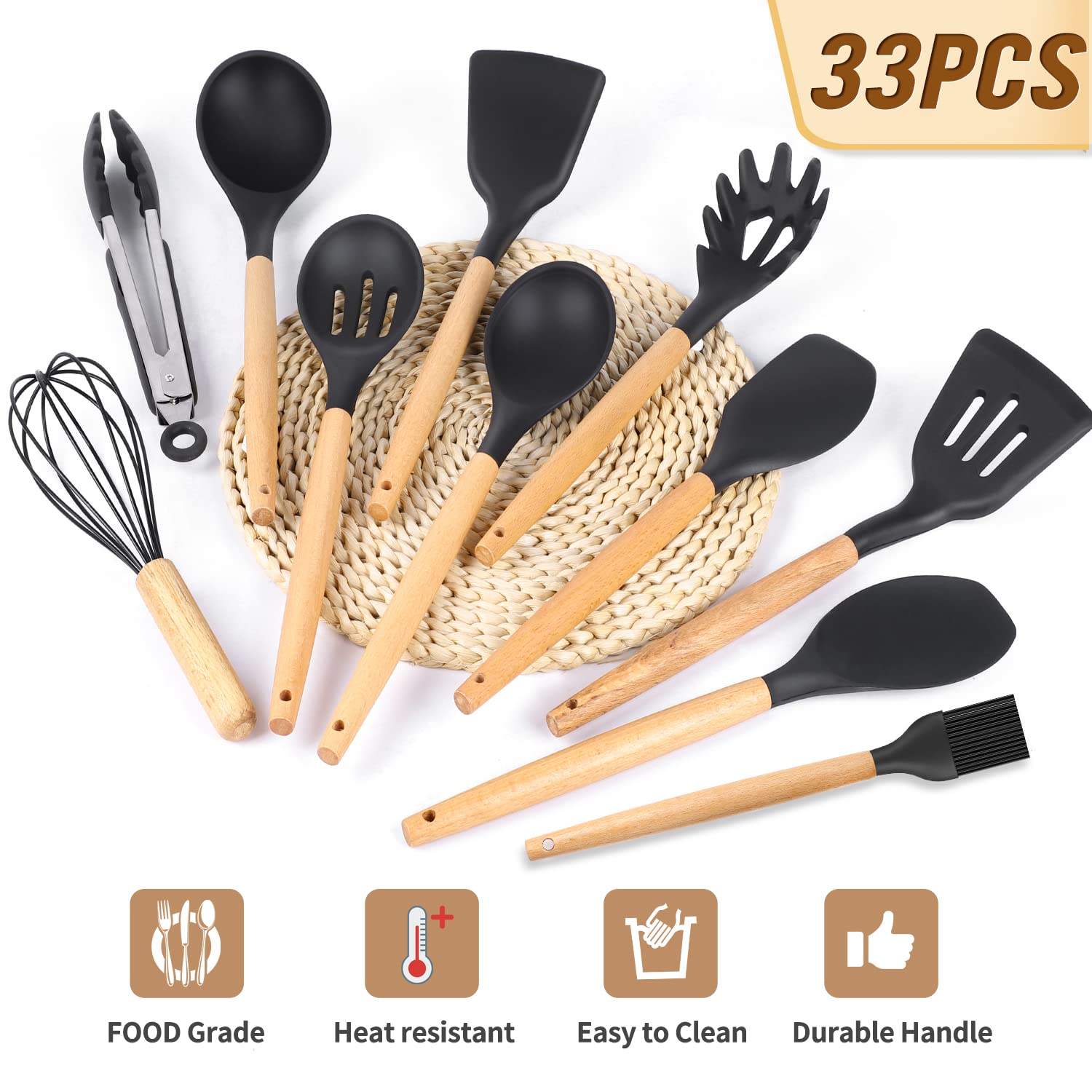 Silicone Kitchen Cooking Utensils Set - 33pcs Heat Resistant Kitchen Utensils Spatula Serving Spoons Set with Wooden Handle, Kitchen Essentials Gadgets w Holder for Nonstick Cookware Dishwasher Safe