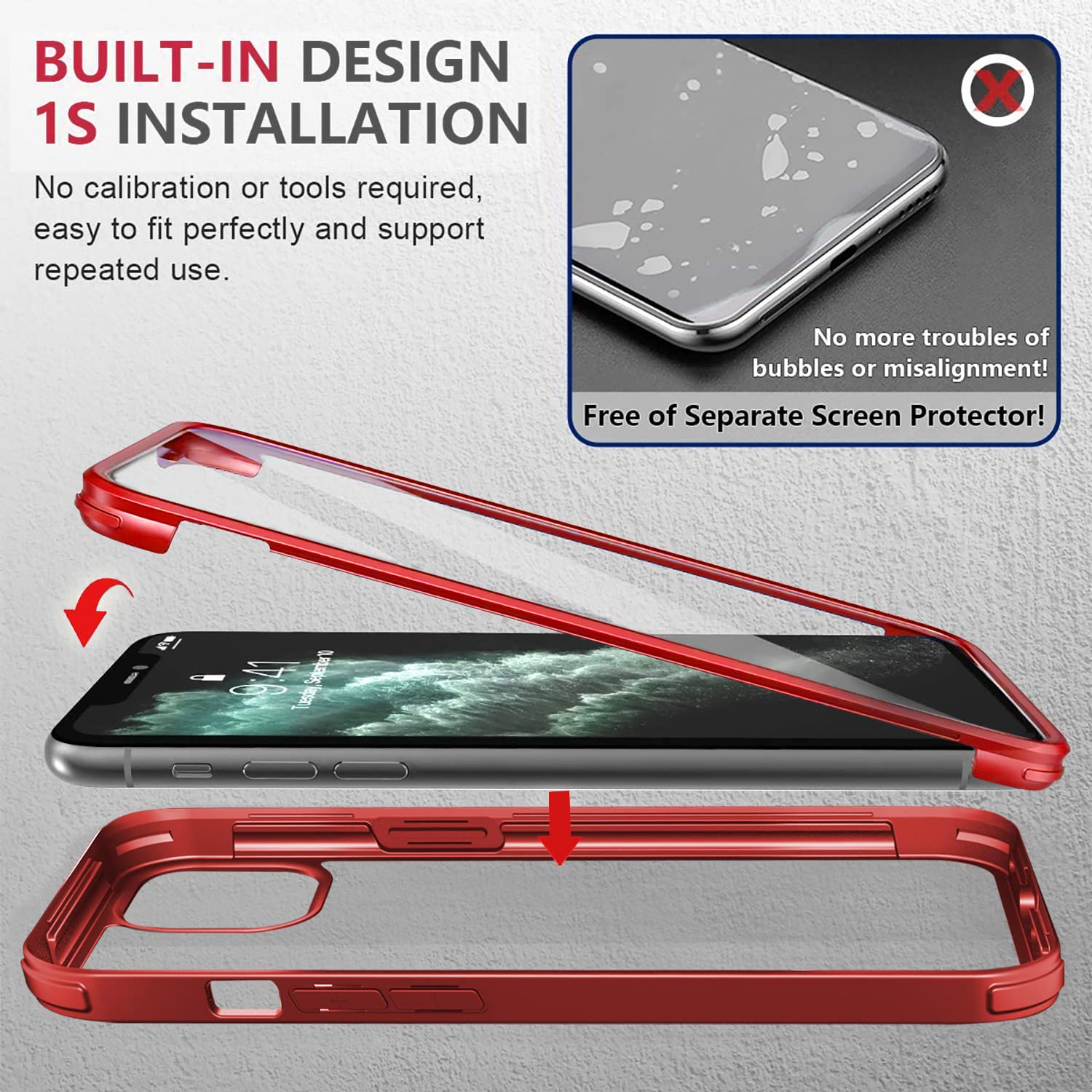 UBUNU iPhone 11 Pro Max Case with Screen Protector [Built-in 9H Hard Tempered Glass Touch Sensitive] [360 Full Body Protective] Clear iPhone 11 Pro Max Phone Case Cover for Men Women 6.5 inch, Red