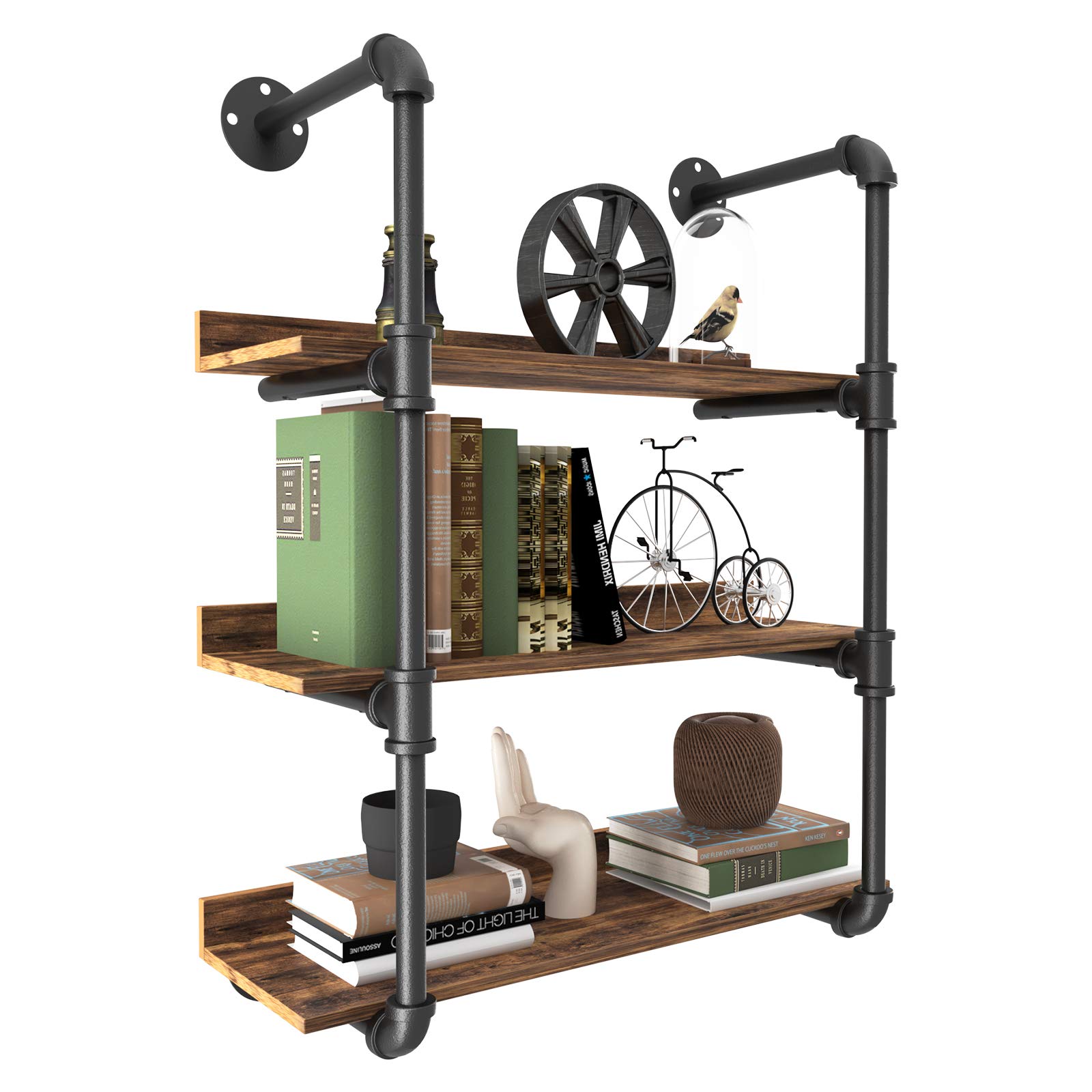 YITAHOME 3 Tier Pipe Shelves Wall Mounted Industrial Retro Iron Shelf Pipe with Hanging Bracket, DIY Storage Shelves, Kitchen Shelves, Office Shelves, Bookshelves and Bookcases - Rustic Brown