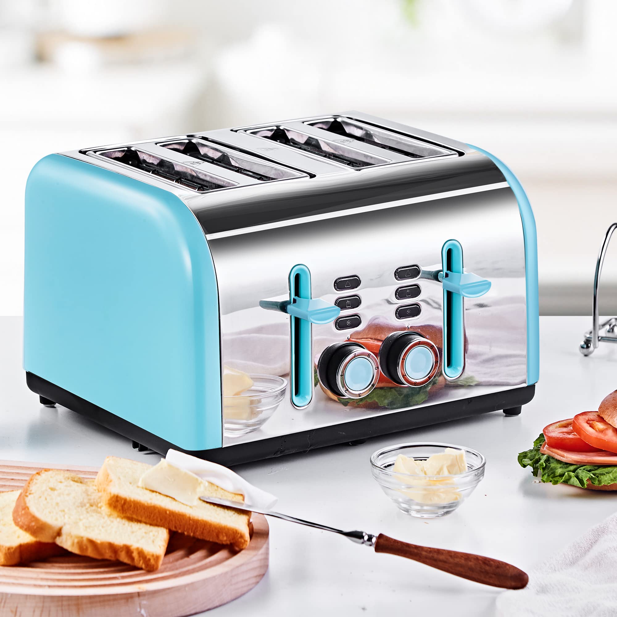 Toaster 4 Slice, CUSINAID 4 Wide Slots Stainless Steel Toasters with Reheat Defrost Cancel Function, 7-Shade Setting, Blue