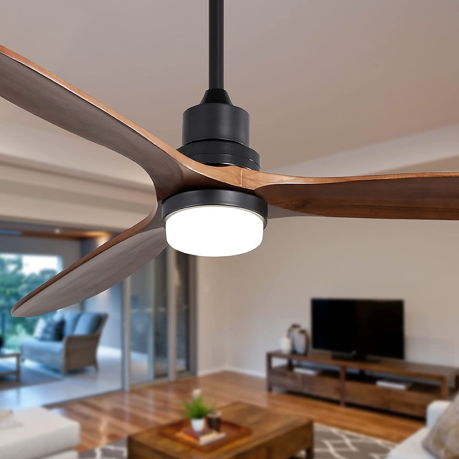 Sofucor 60" Wood Ceiling Fan with Light and Remote, Dimmable LED Ceiling Fan, Noiseless DC Motor, 3 Oil Rubbed Bronze Blades, for Indoor or Covered Outdoor, Matte Black