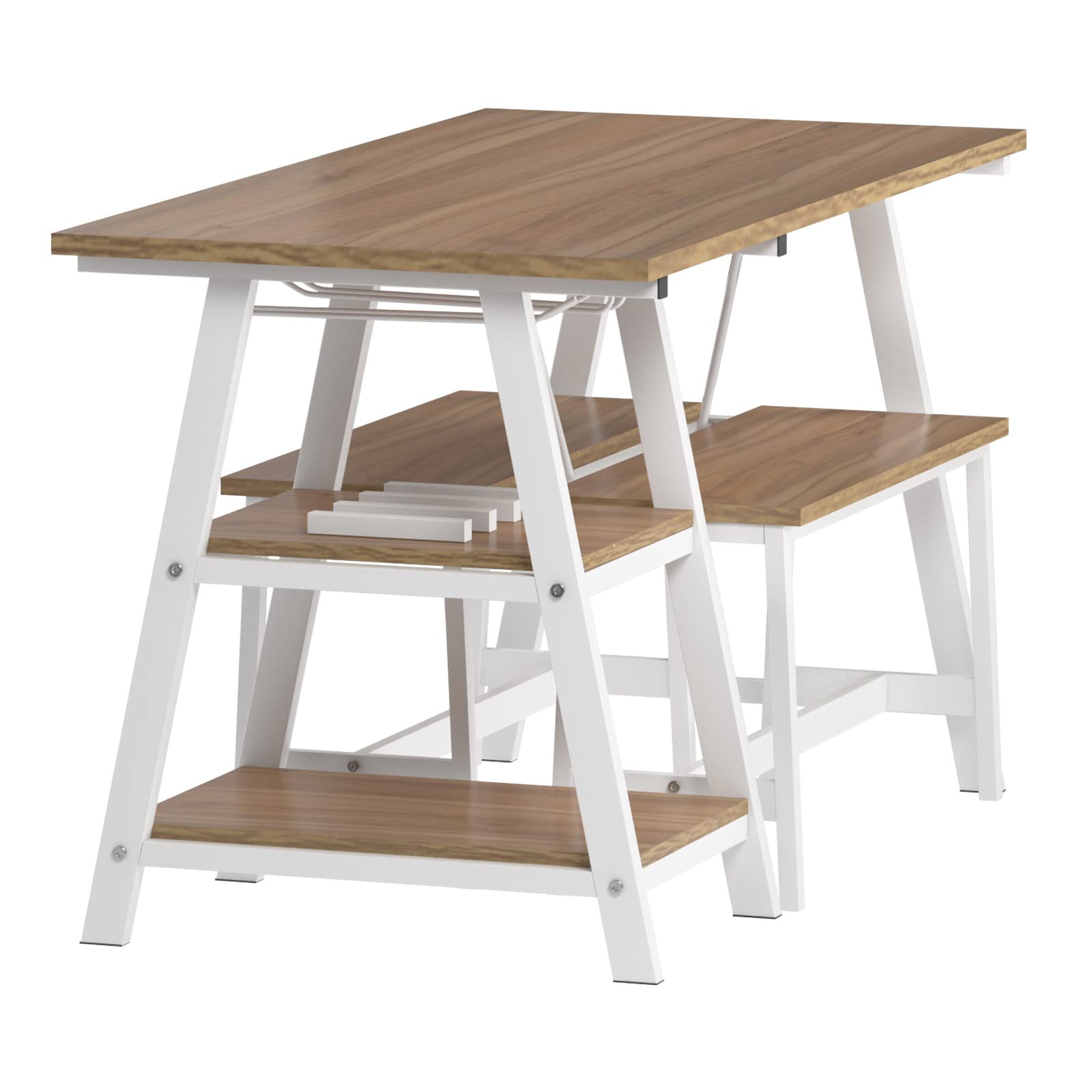 soges 3 Pieces Kitchen Dining Table Set for 4, Breakfast Table Set with 2 Benches, Wooden Dinette with Wine Shelf and Glass Holder, Oak 10CZWKDS03OK120