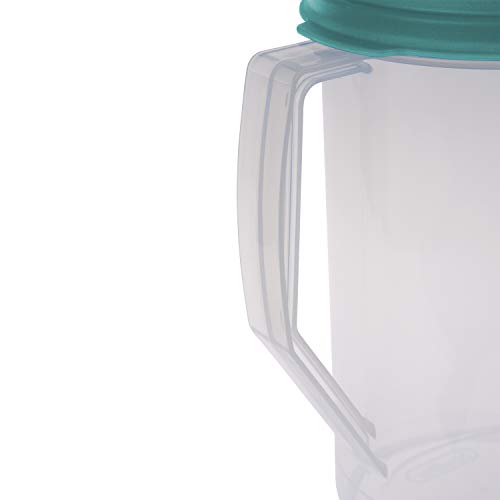 Sterilite 2 Qt Round Pitcher, Spout and Handle for Easy Pouring of Water or Juice, Plastic, Dishwasher Safe, Clear w/Teal Lid, 6-Pack