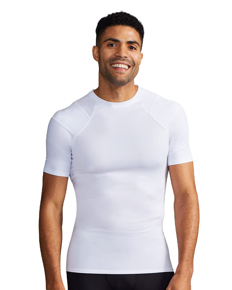 Tommie Copper Shoulder Support Shirt for Men, Posture Corrector Compression Shirts for Men with UPF 50 Sun Protection, Shoulder Compression with Shoulder Support for Men, White S