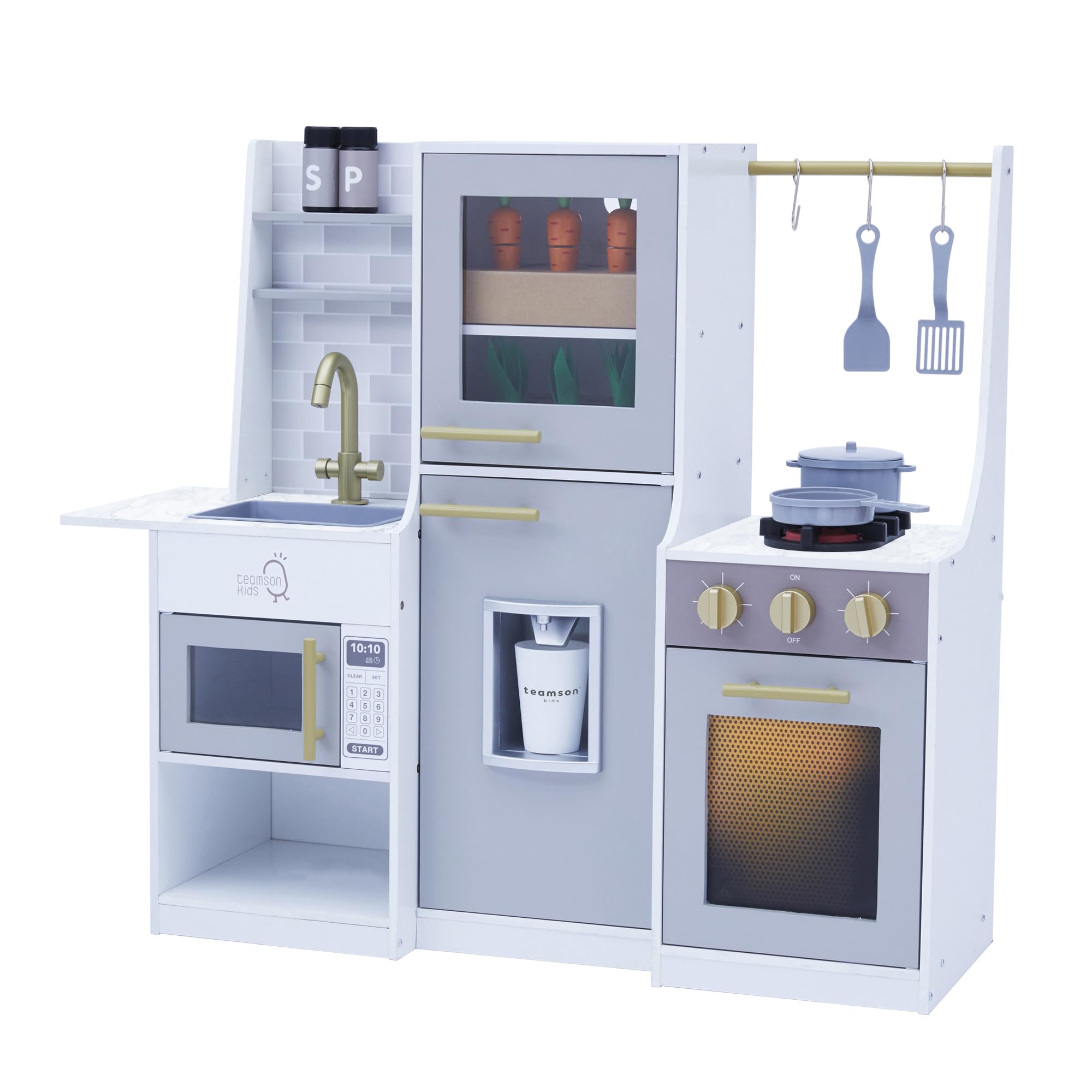 Teamson Kids Little Chef Lyon Modern Interactive Wooden Play Kitchen with Refrigerator, Sink, Oven, Microwave, Hydroponic Garden and Storage Space for Easy Clean Up, Gray with Brass Accents