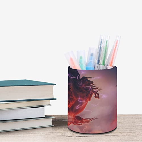 Red Thunderbolt Pegasus Pen Holder PU Leather Pencil Cup Cute Desk Organizer Makeup Brush Box for Home Office