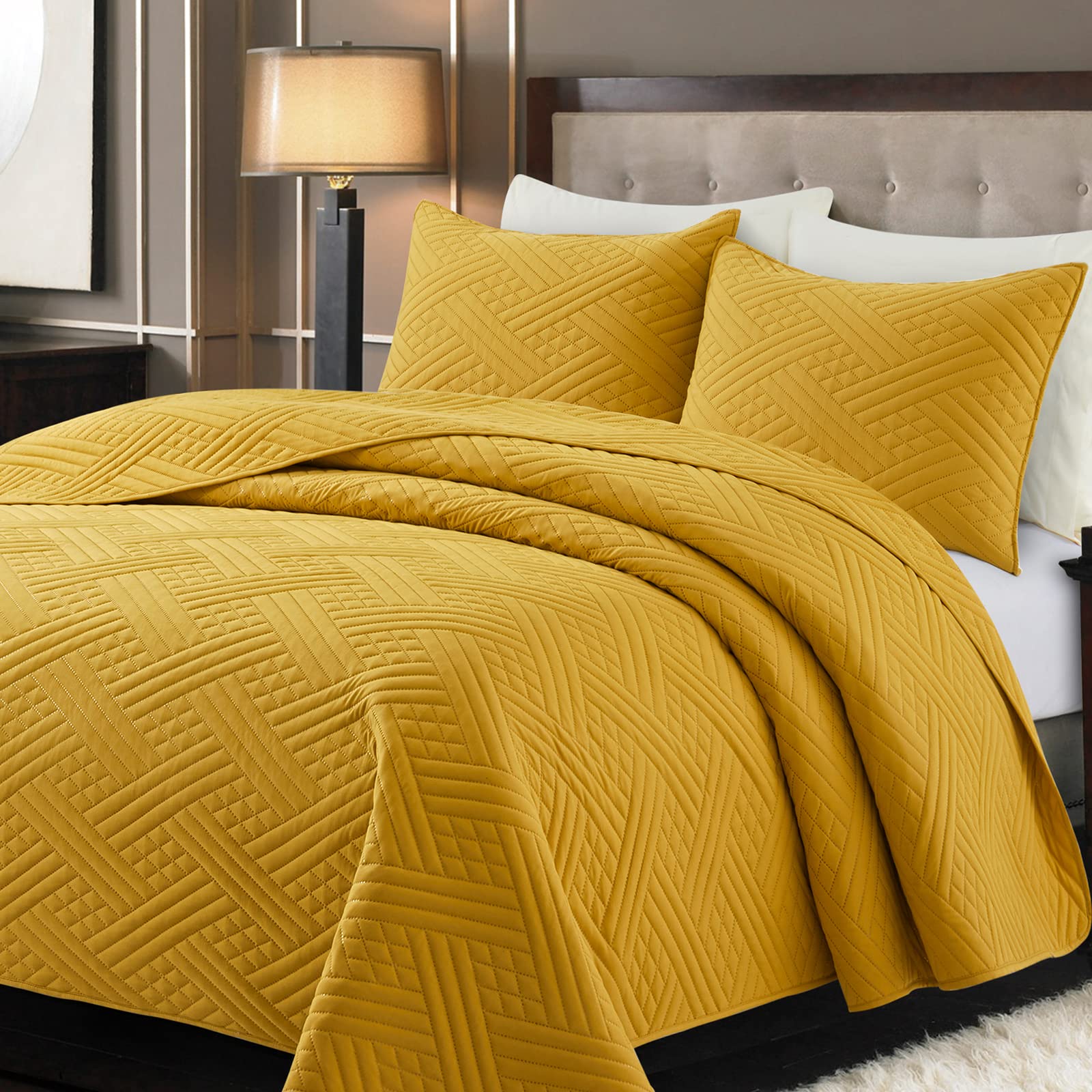 Safonory Quilted Bedspreads Full/Queen Size(90"x96", Mustard Yellow) - Summer Soft Lightweight Microfiber Ultrasonic Embossed Quilt Coverlet Set for Queen Bed - 3 Pieces Bedding Set(1 Quilt, 2 Shams)