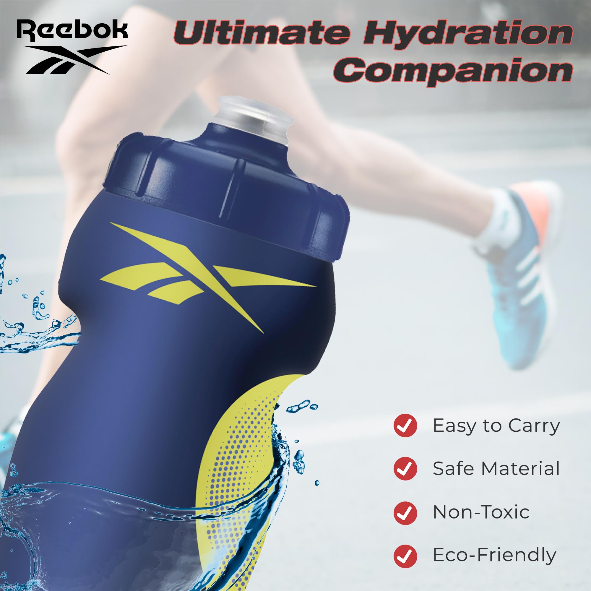 Reebok Squeeze Water Bottles With Athletic Design - Water Bottle 24 oz - Sports Water Bottle - Reusable Water Bottle For Gym, Running, Hiking etc, BPA Free (Navy)