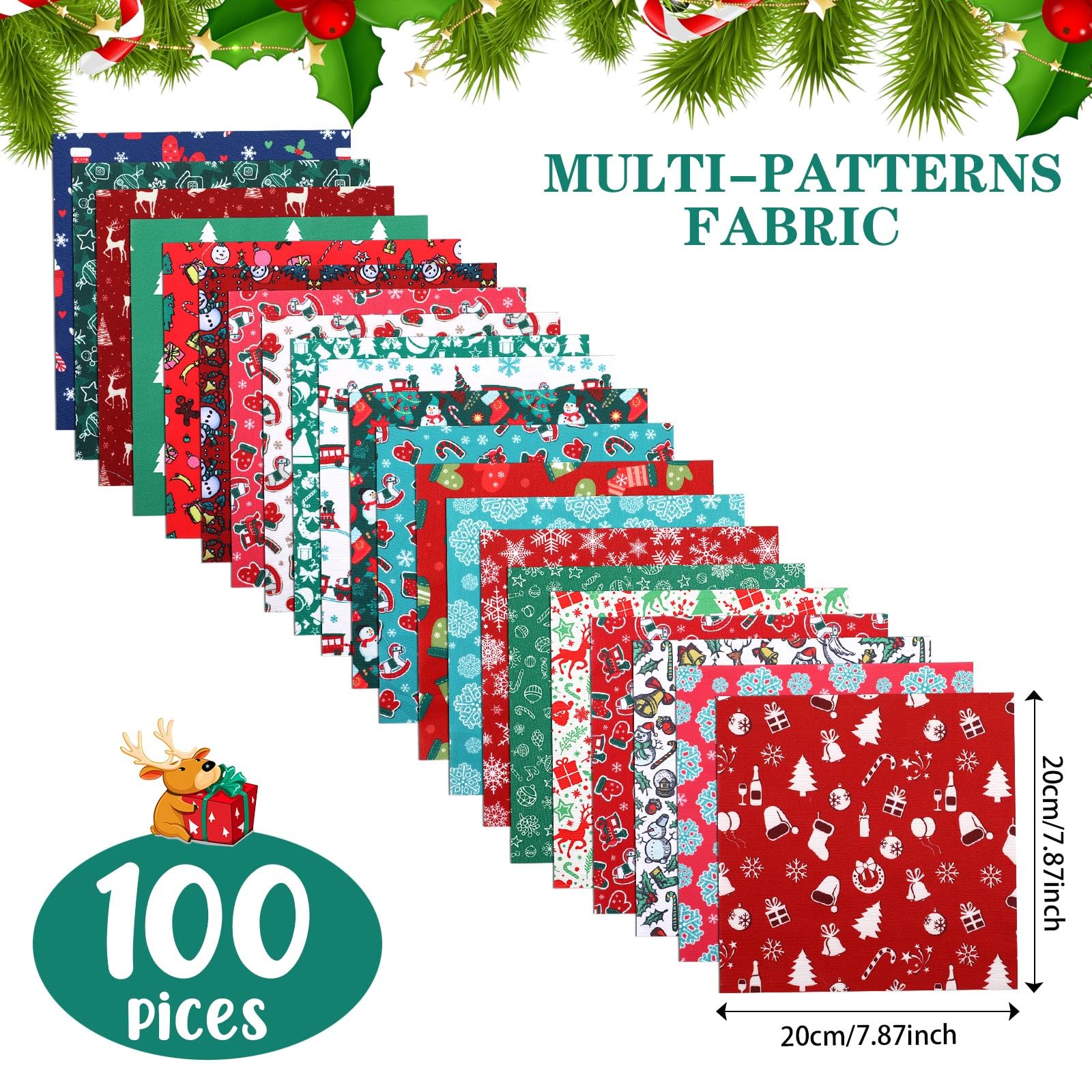 Preboun 100 Pcs 5 x 5 Inches Christmas Fabric Square Quilting Fabric Squares Bundle Sewing 25 Different Christmas Patterns Precut Polyester Patchwork for DIY Christmas Sewing Crafting Supplies