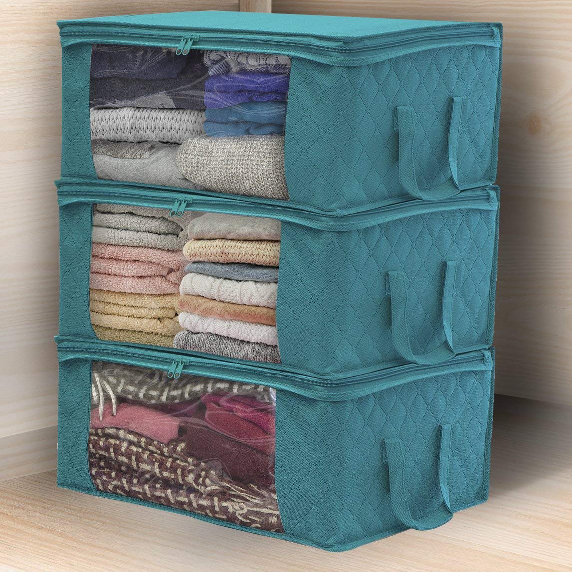 Sorbus Foldable Storage Bag Organizers, Large Clear Window & Carry Handles, Great for Clothes, Blankets, Closets, Bedrooms, and More (6-Pack, Aqua)