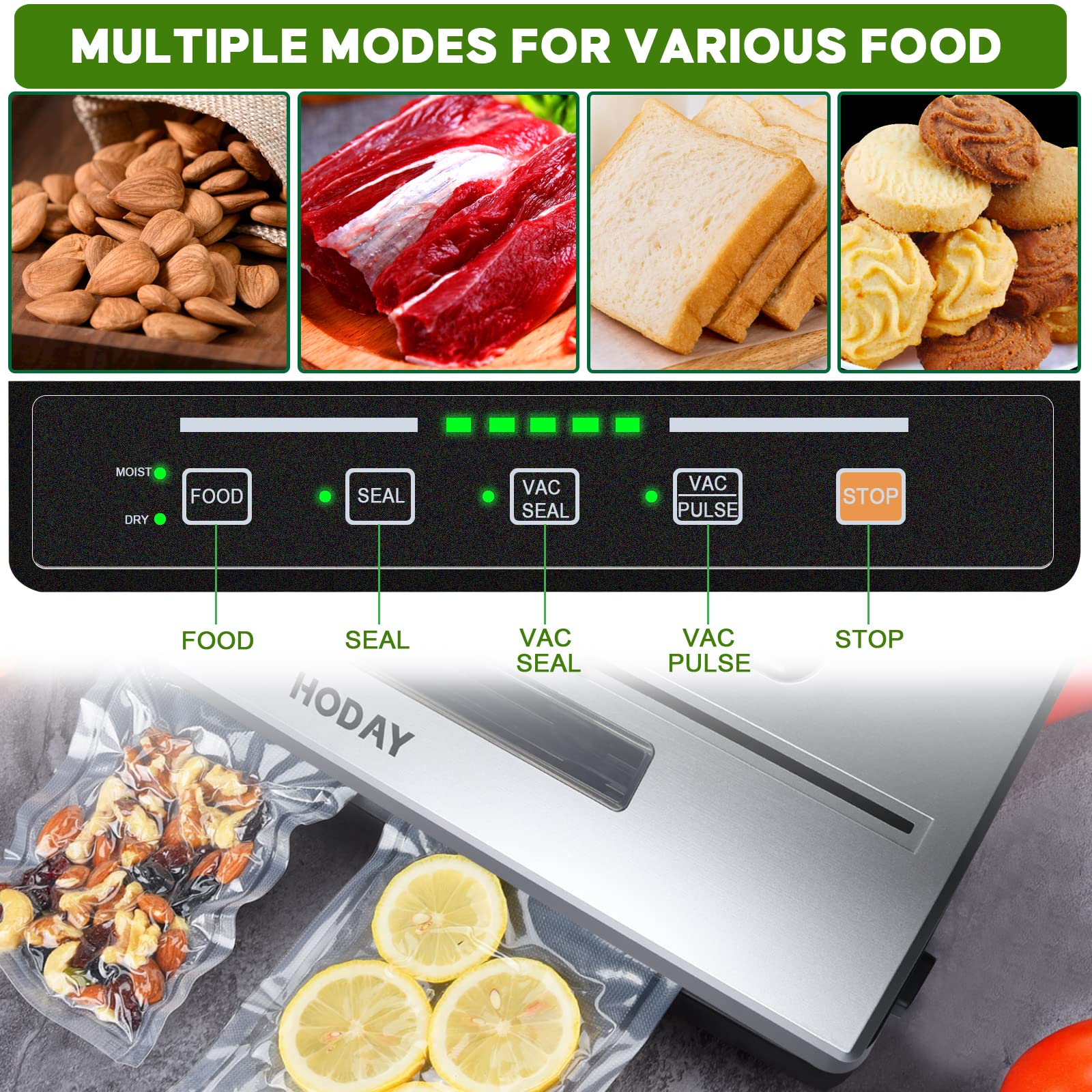 Vacuum Sealer Machine, HODAY Food Sealer with Built-in Cutter, Dry&Moist Mode, Automatic Vacuum Sealer Food Storage Machine, with 2 Bag Rolls 8βx7β and 11βx10β Compact Design, Easy to Clean