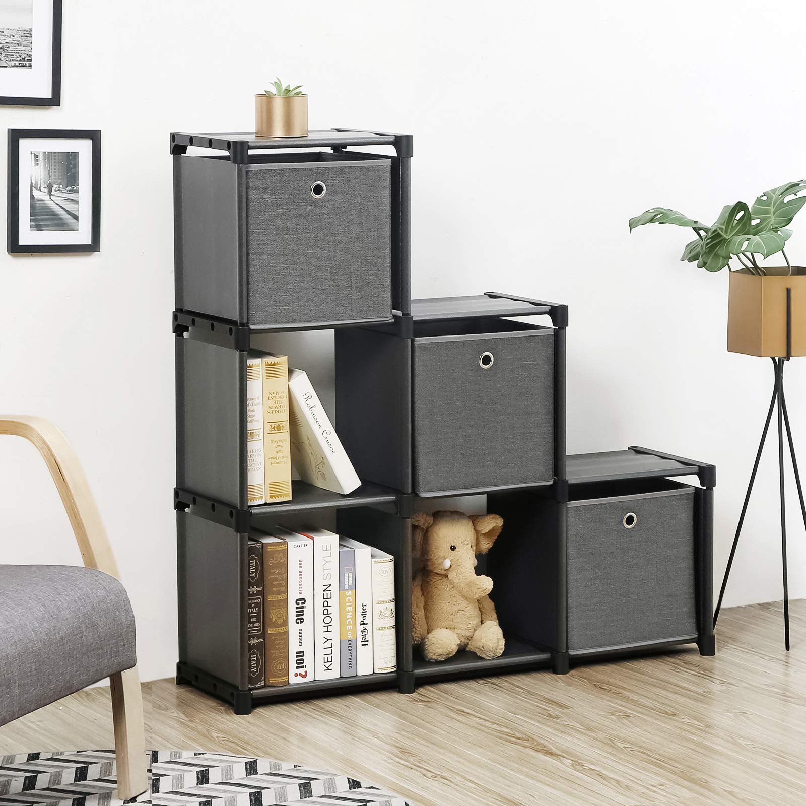 SONGMICS Cube Storage, 6-Cube Bookcase, Ladder Storage Unit with 3 Storage Boxes, DIY Closet Organizer, Sturdy Metal Frame, Includes Rubber Mallet, 41.4 x 11.8 x 41.4 Inches, Black ULSN23BK