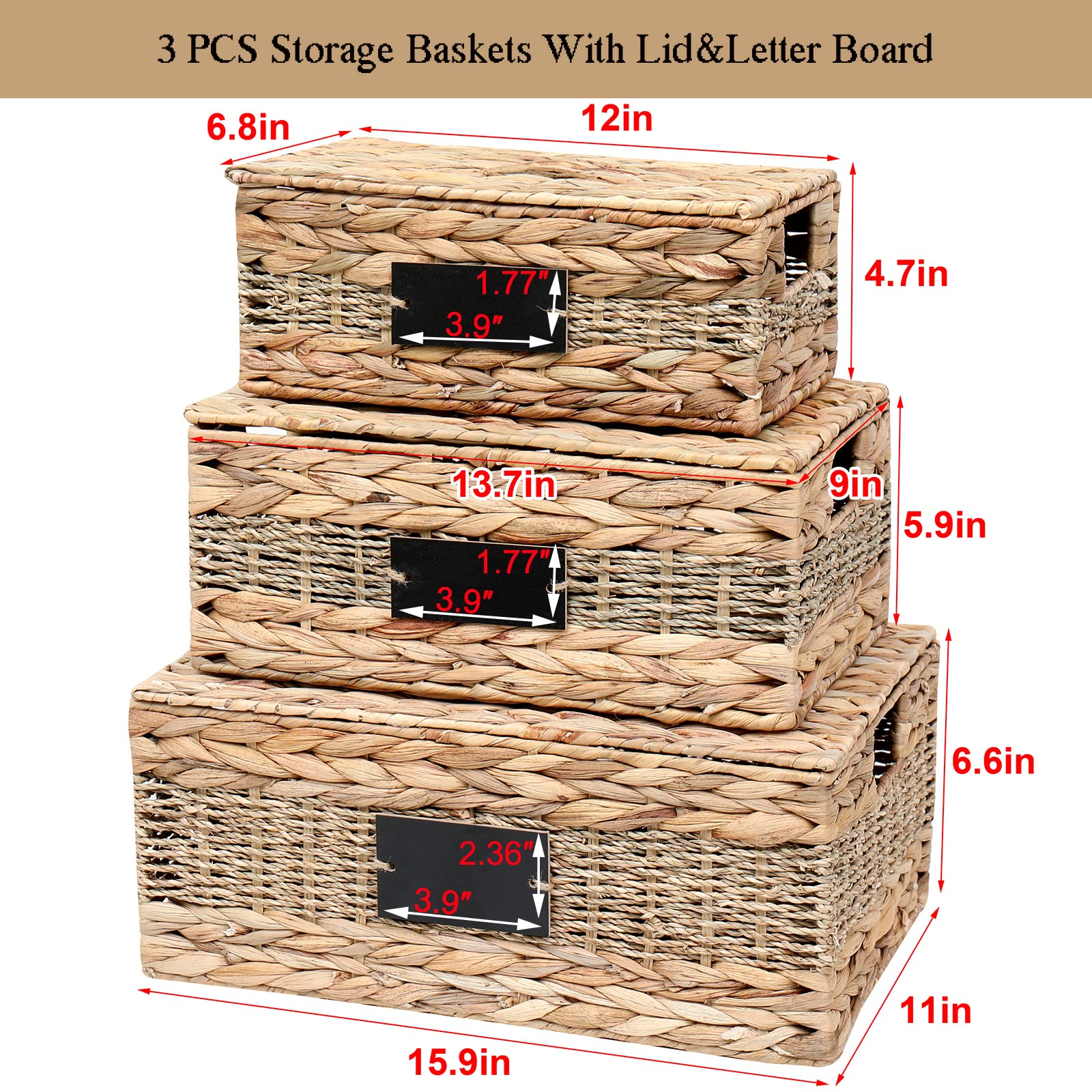 WK&YOHFY Storage Baskets Hand-Woven Rectangular Seagrass Cube Storage Bins for Bedroom, Living Room, Nursery Room-Storage Cubes with Lids&Letter Boards,Set of 3 Pcs(Nested)