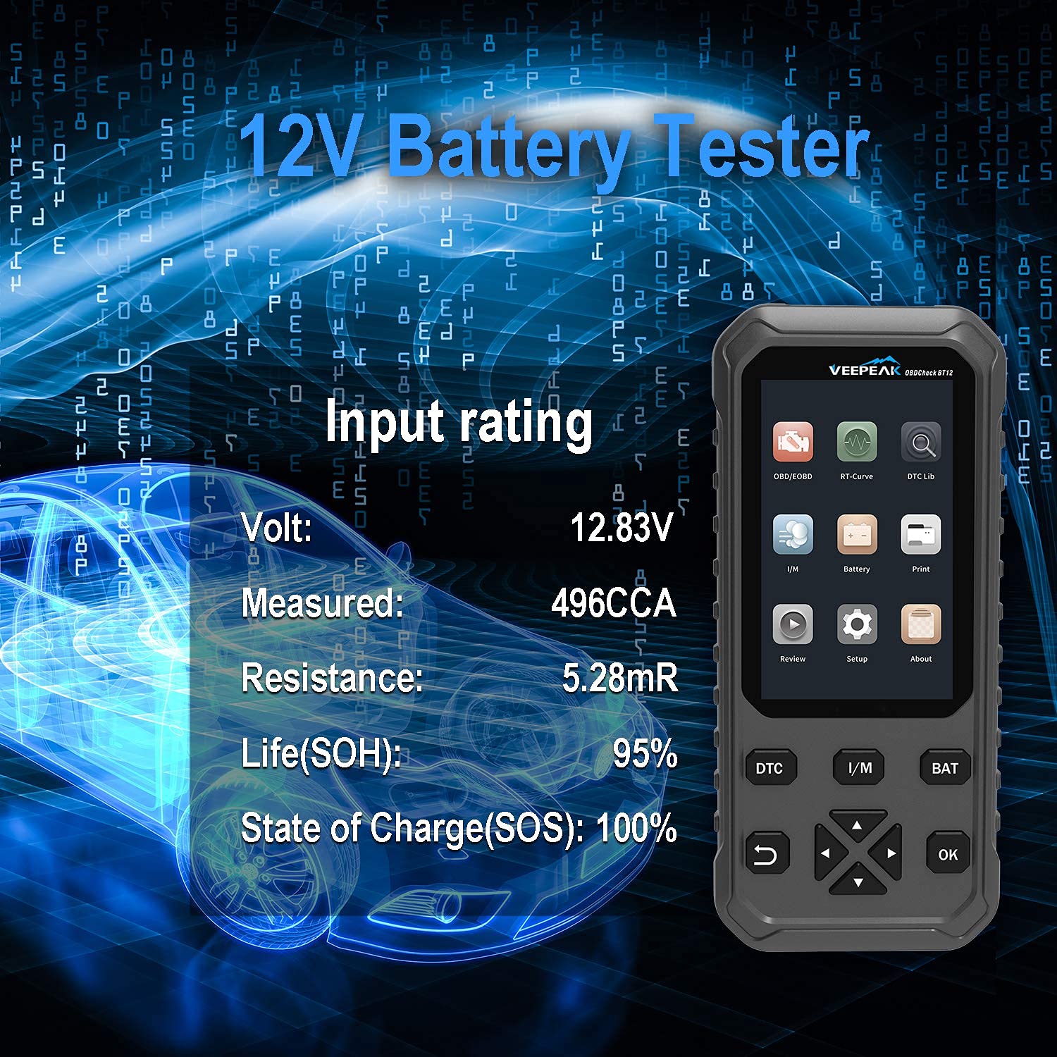 Veepeak Car OBD2 Scanner 12V Battery Tester, Auto Check Engine Code Reader & 100-2000 CCA Battery System Analyzer 2 in 1 Diagnostic Tool with Carrying Case Black