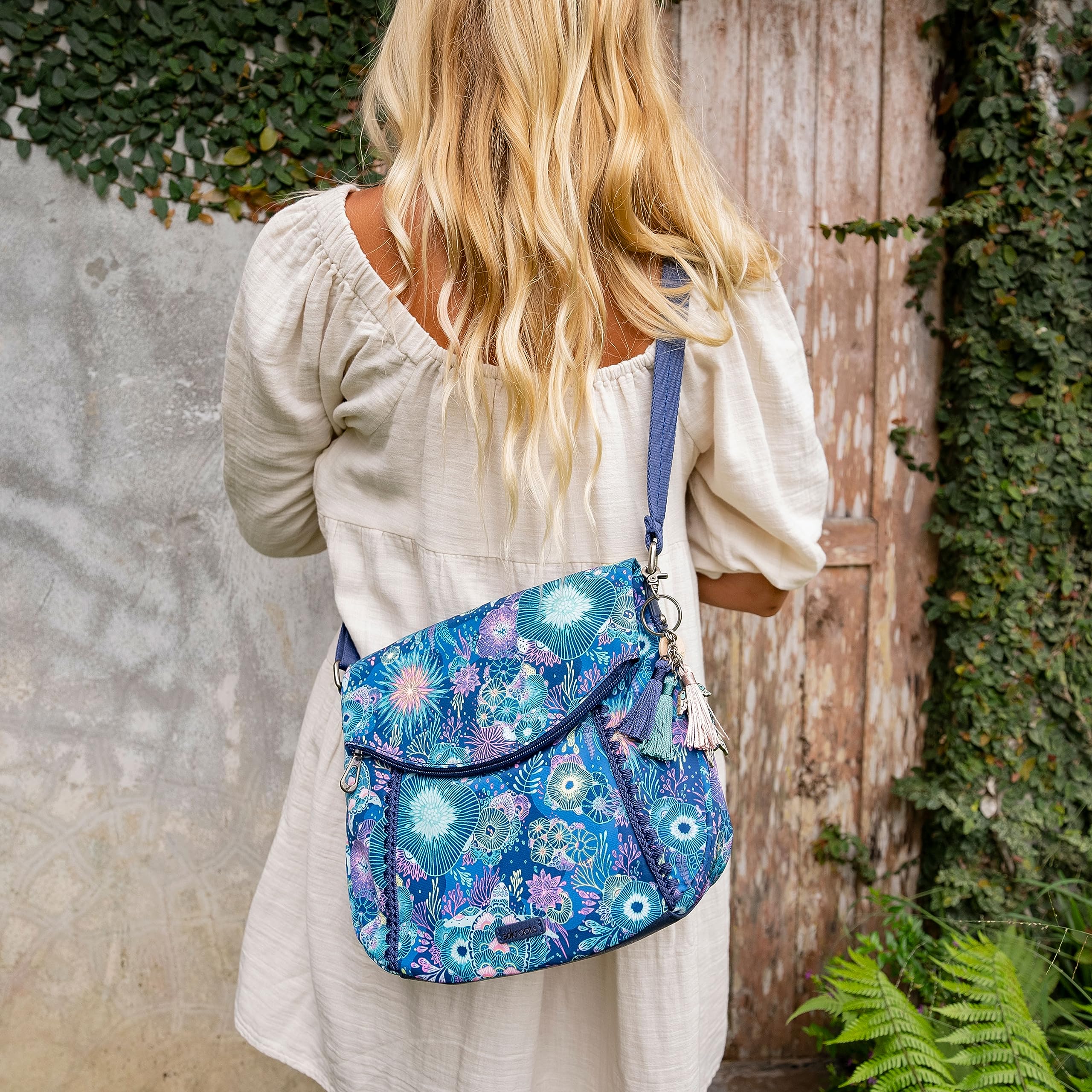 Sakroots Foldover Crossbody Bag in Eco-Twill with Adjustable Strap, Aubergine Spirit Desert Quilted