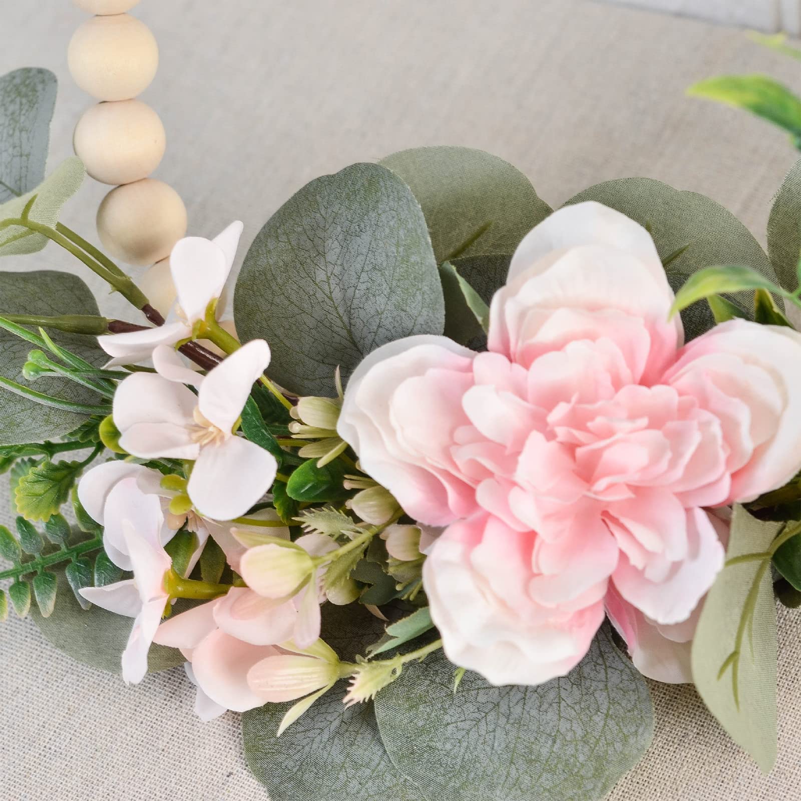 SLDHFE Artificial Peony Flower Wreath,12.9In Wood Beads and Eucalyptus Wreath,Eucalyptus Wooden Wreath for Front Door Indoor Outdoor Decor Boho Wall Decor