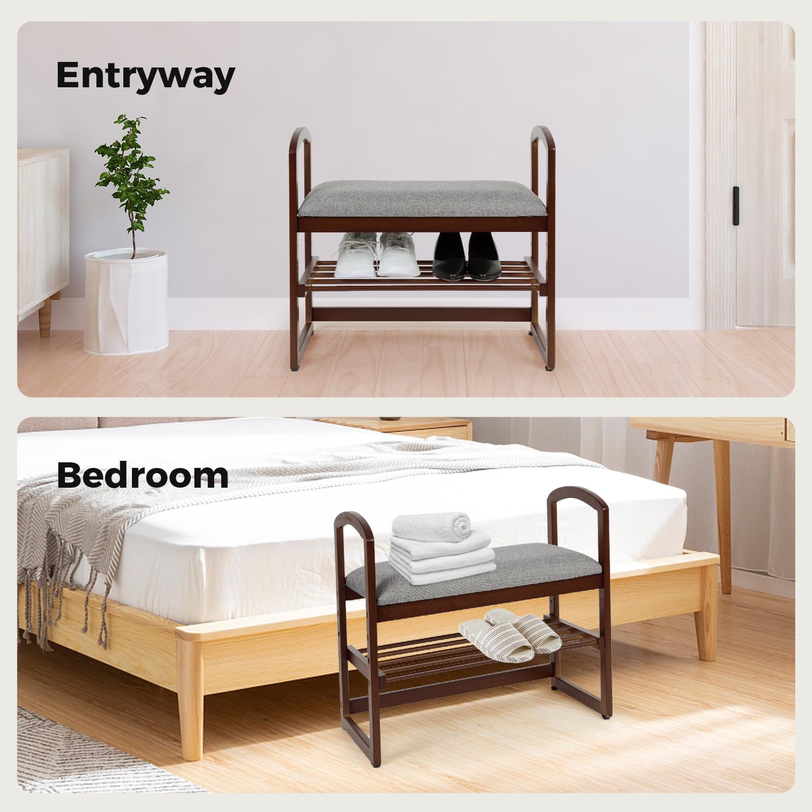 StrongTek Elderly-Friendly Bamboo Shoe Bench with Armrests, Lightweight with 220 lbs Capacity, Entryway Bench with Soft Cushion, Small Shoe Rack for Up to 4 Pairs of Shoes, Suitable for All Ages