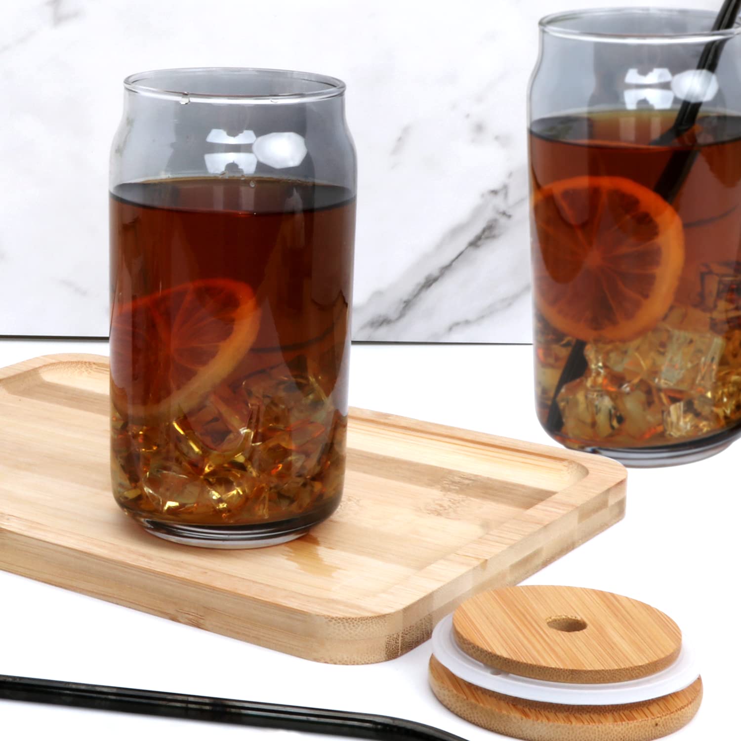 Ufrount Glass Cups Set of 6,16 OZ Drinking Glasses with Lids and Straws,Gray Glass Coffee Cups,Cute Iced Coffee Glasses for Cocktail,Whiskey,Juice