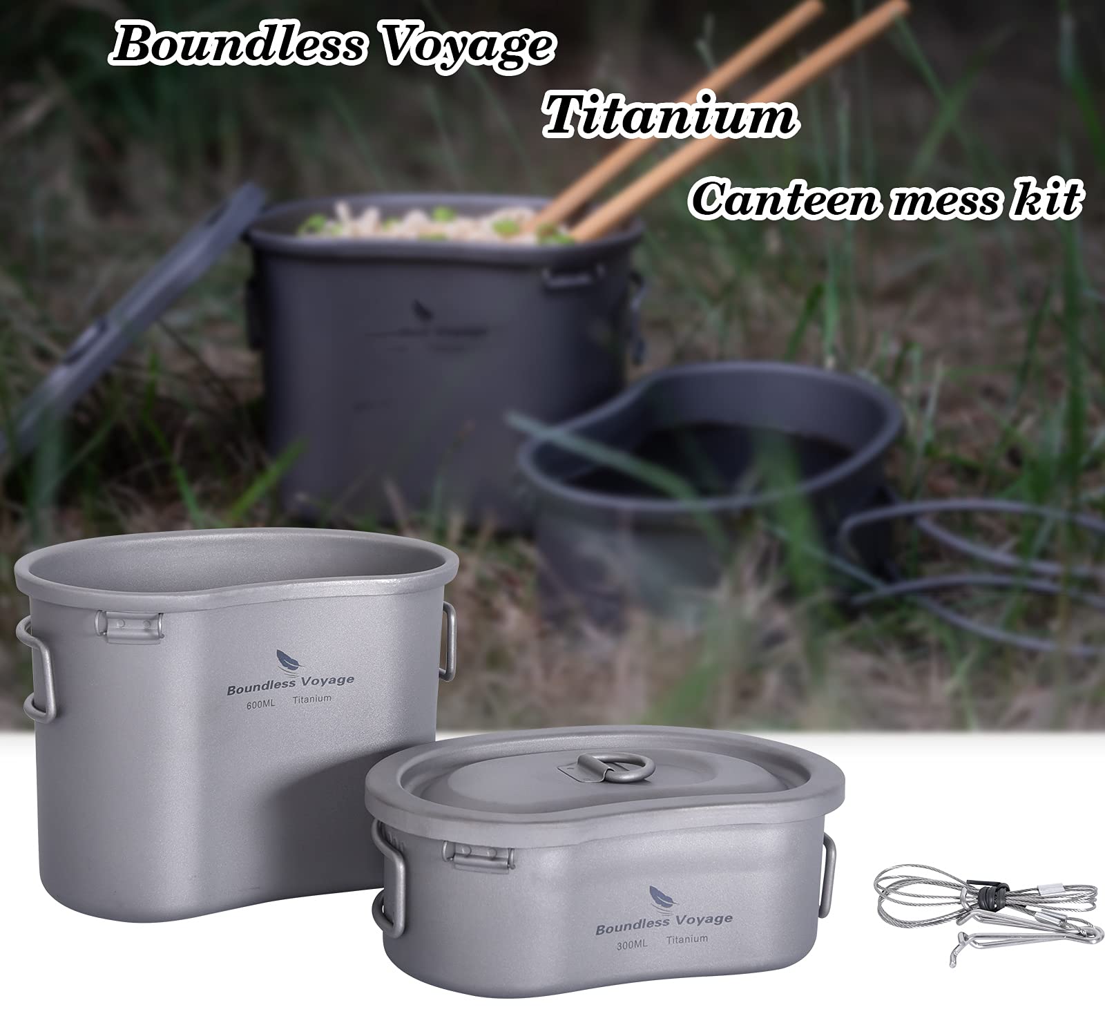 usharedo Boundless Voyage Titanium Camping Pots Set with Hanging Ring Ultralight Portable Bowl Picnic Cookware Titanium Canteen Mess kit for Outdoor Hiking Backpacking Mountaineering Ti15123B