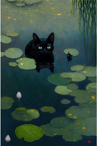 RMSGOZO Unframed Canvas Painting Pond Black Cat - Summer Oil Painting Art Printed Stretch Artwork, For Wall Art Aesthetic Decor 8 X 12 Inch