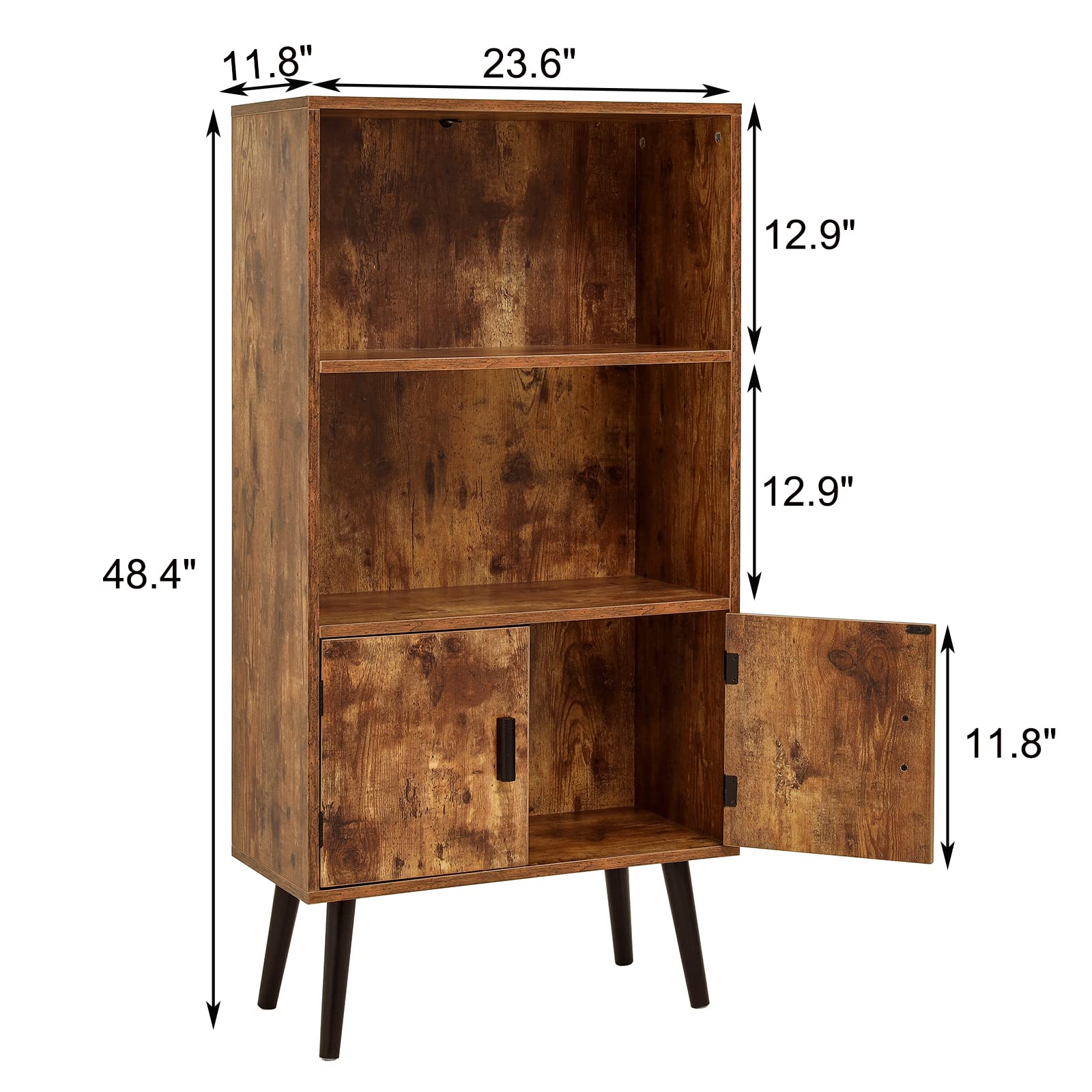 usikey 48.4" H Boho Bookcase, Retro Bookshelf with Doors & 2-Tier Shlef, Mid-Century Modern Storage Cabinet for Bedroom, Study, Living Room, Office, Library, Brown