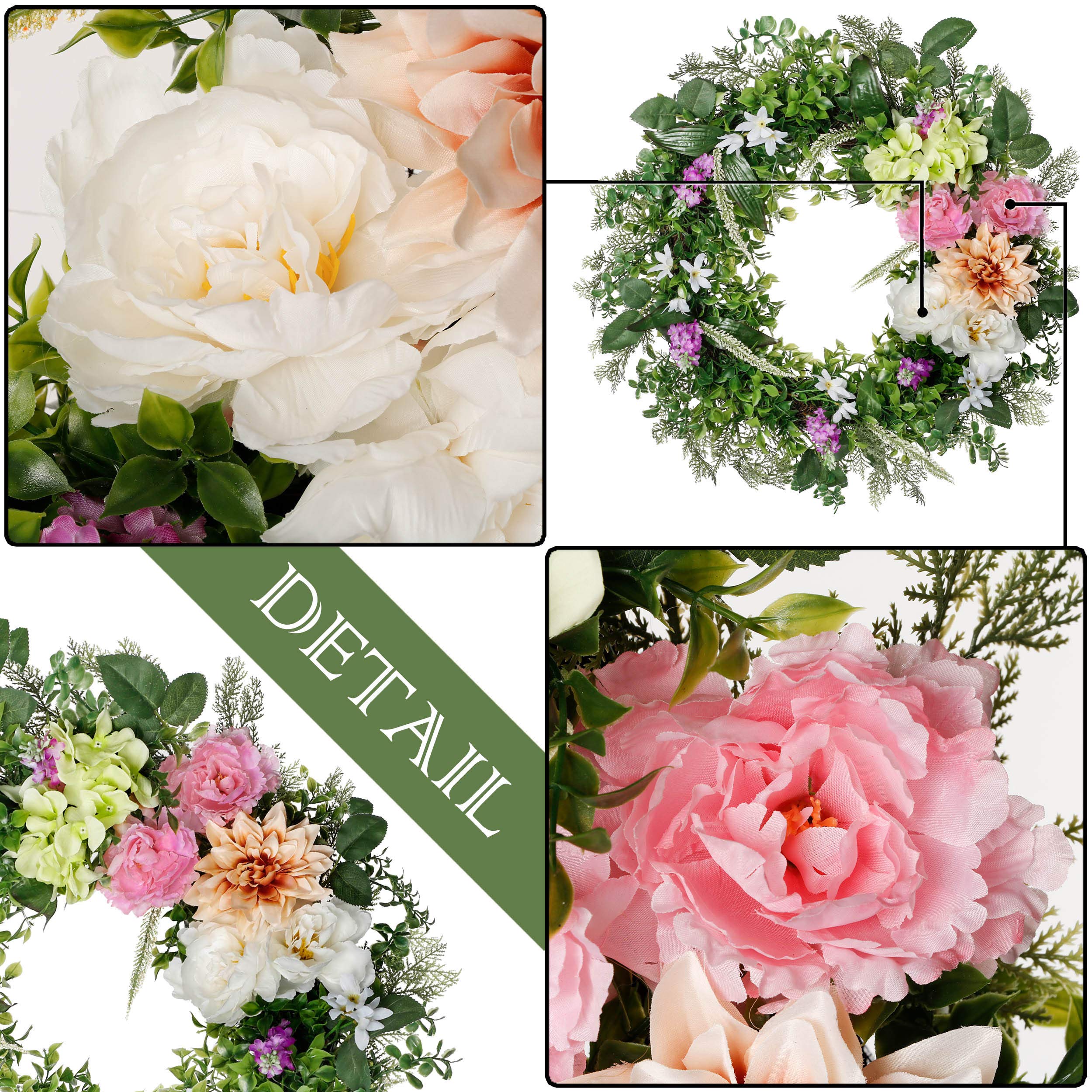 Valery Madelyn 24 inch Decorative Hydrangea Peony Flower Summer Wreath with Green Leaves, Spring Floral Wreath for Porch, Front Door, Window, Wall, Wedding, Home Decor