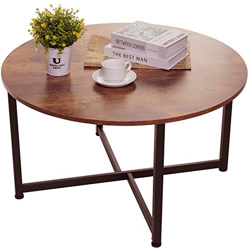 usikey Round Coffee Table for Living Room, Retro Cocktail Table with X Base9 Metal Frame, Sofa Table, Office Table, Entertainment Center for Gaming, in Home Office, Rustic Brown