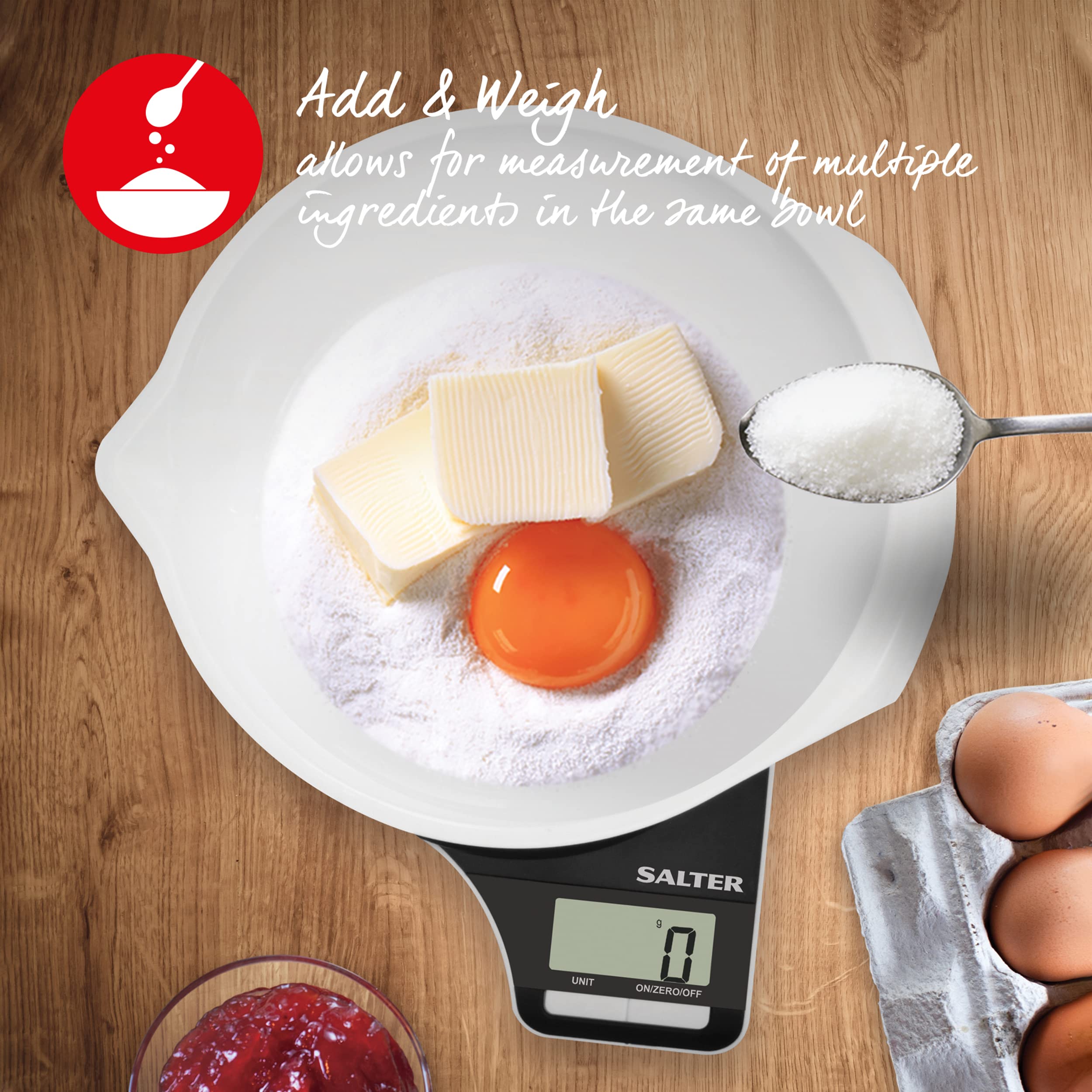 Salter 1089 BKWHDR Measuring Jug Electronic Kitchen Scale, Food/Baking Scale, Dishwasher Safe 1.25L Bowl, Easy Pour, Add & Weigh, Measures Liquids/Fluids, 5 Kg Capacity, Metric/Imperial, White/Black