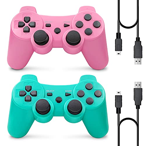 Zeion PS3 Controller Wireless, Gaming Remote Joystick for Playstation 3 with Charger Cable Cord (Pink, Green)
