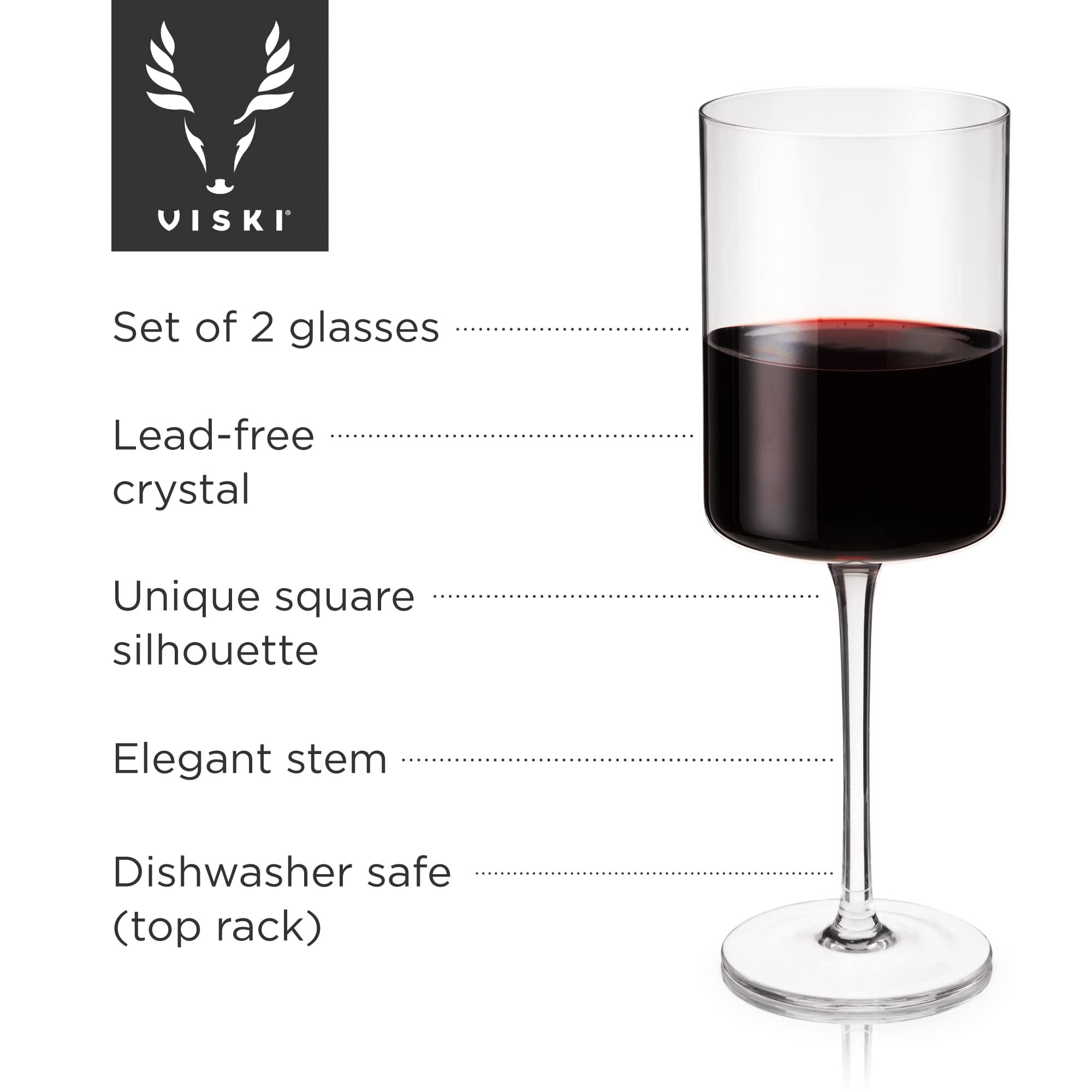 Viski Laurel Red Wine Glasses, Crystal Stemmed Tumblers Glassware for Wine or Cocktails, Top Rack Dishwasher Safe, 18 Oz, Set of 2